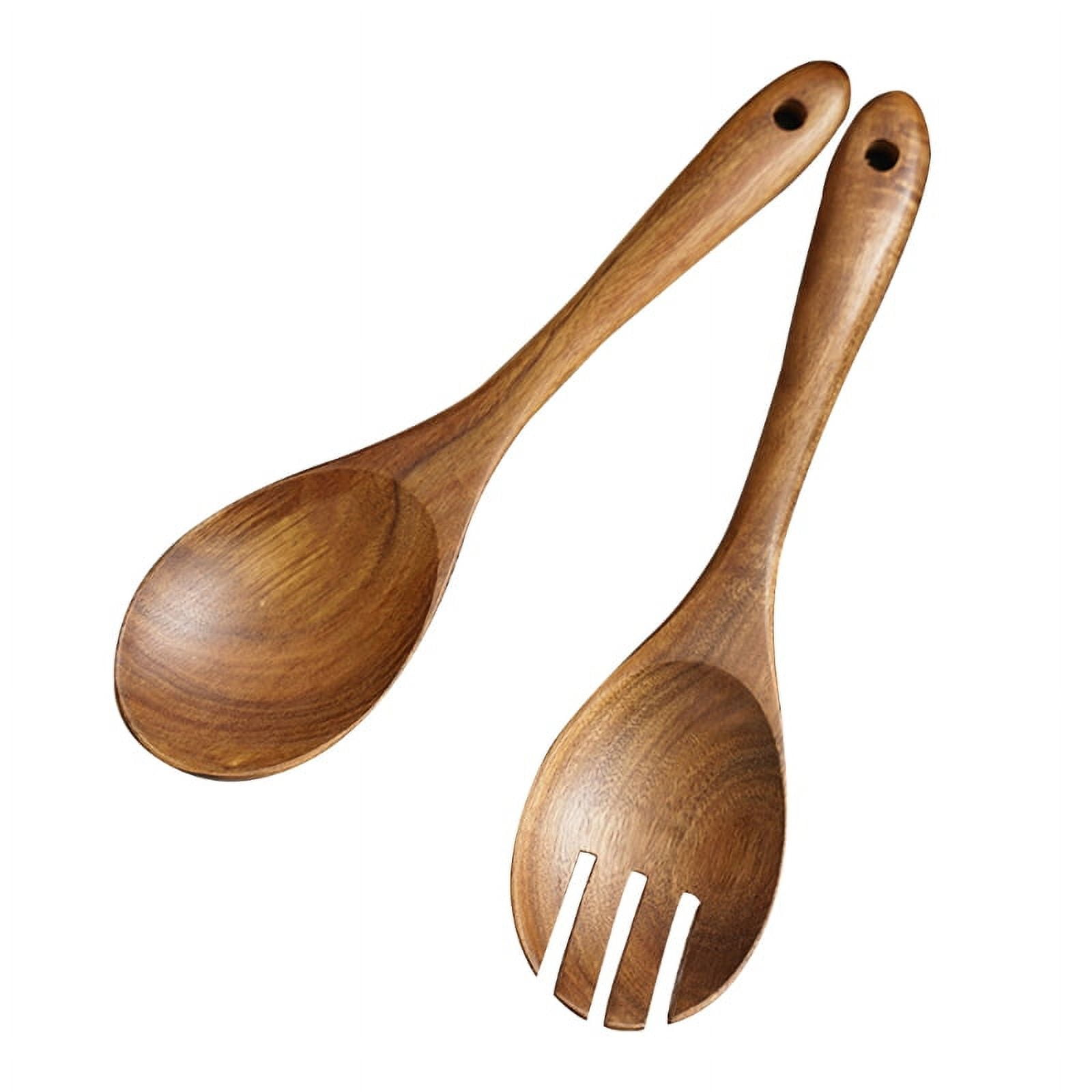 Aooower Wooden Salad Servers, 2Pcs Spoon and Fork Set, 26cm Long Handle ...