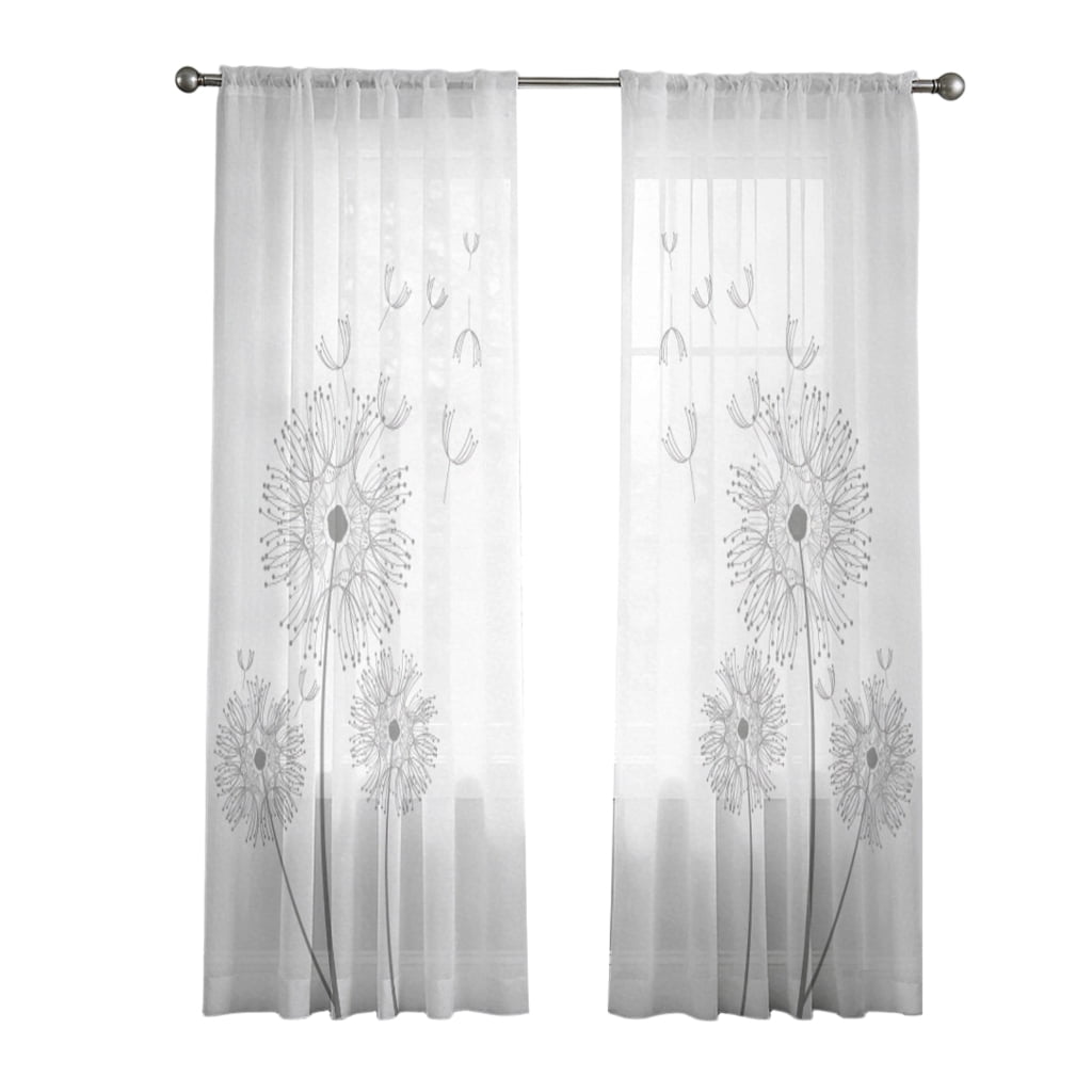 AOOOWER Floral Pattern Window Curtain Polyester Sheer Panel With Rod ...