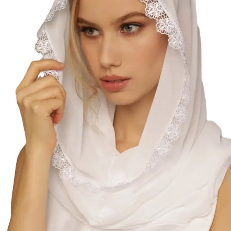 AOOOWER Woman Church Lace Trim Veil with Floral Pattern Large Veil ...