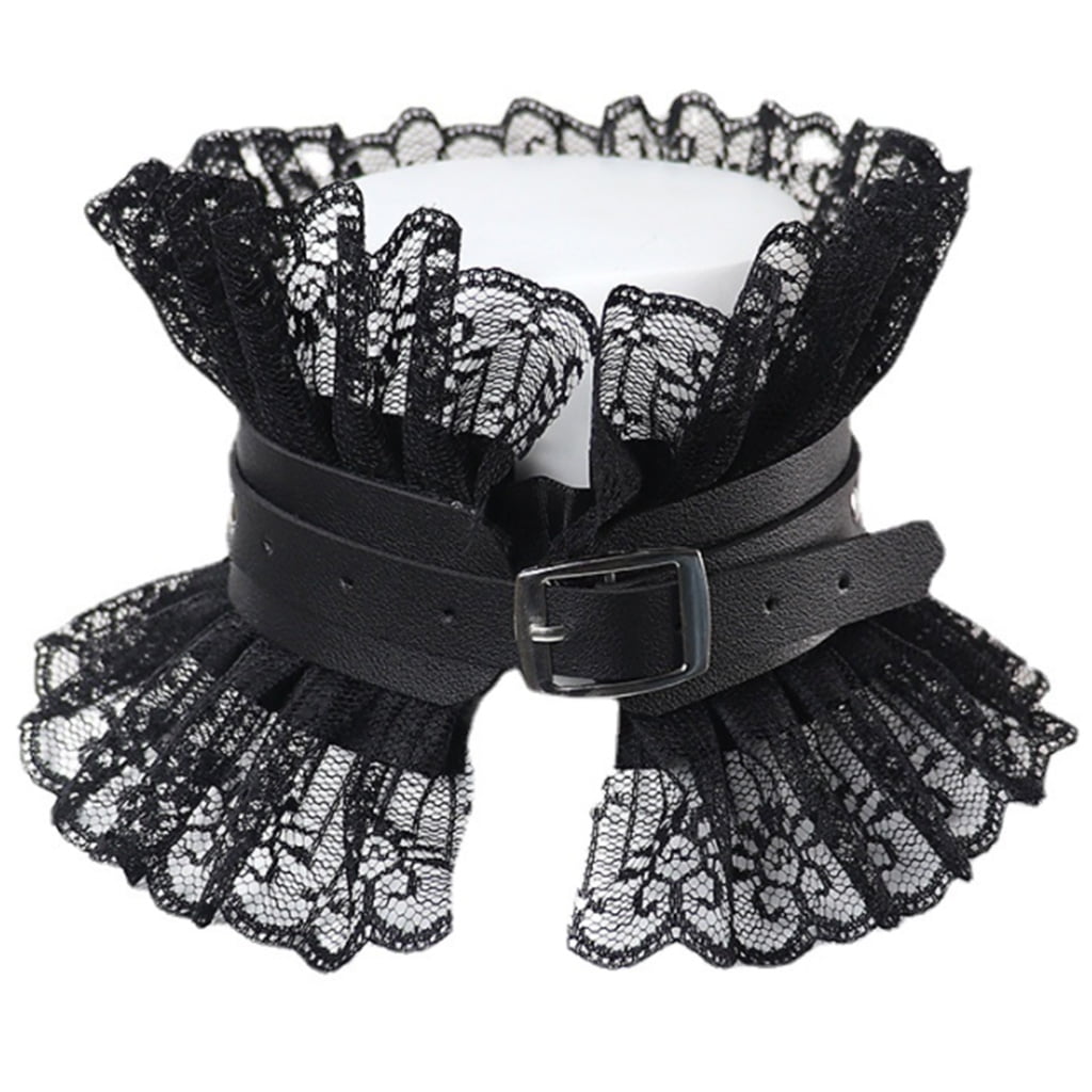 AOOOWER Women Retro Fake Collar Gothic Faux Leather Lolita Ruffled Lace ...