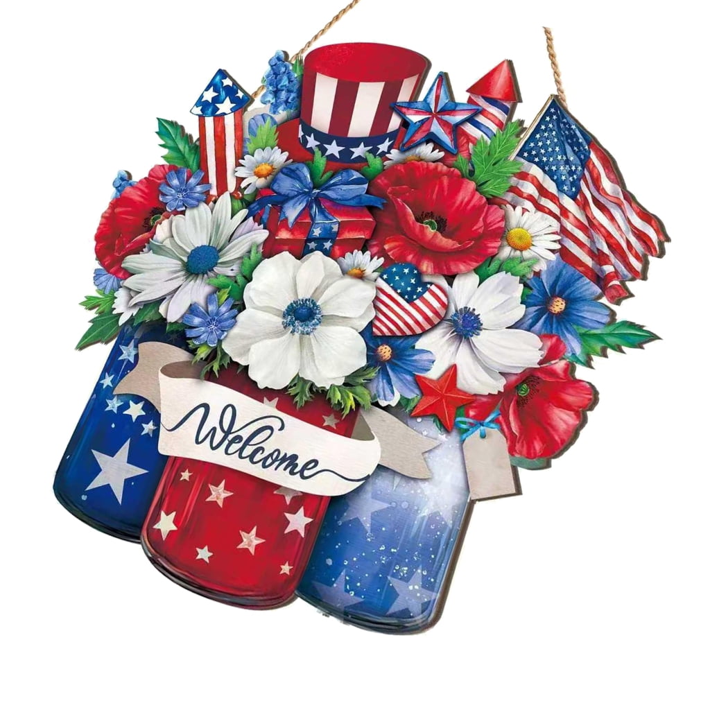 AOOOWER Wooden Independence Day Wall Hanging Sign Door Wreath For ...