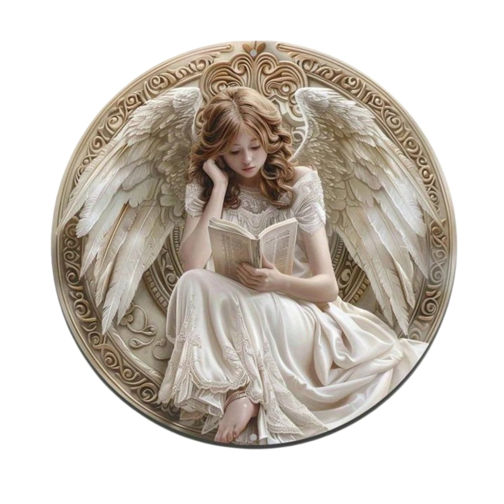 AOOOWER Wooden Round Door Sign with Angel Reading Book Design Wall ...