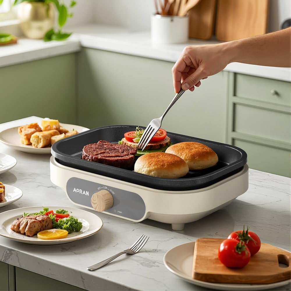 AORAN 600W Dual-Zone Electric Skillet - 12x8 Inch Nonstick Griddle Pan ...