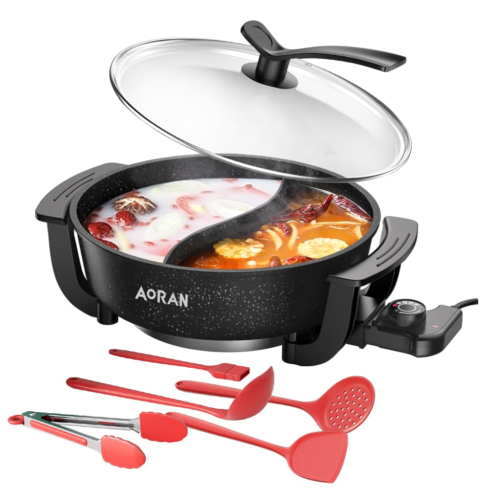 AORAN 6L Electric Hot Pot, Non-Stick Smokeless Cooking Pot with Divider for Hot Pot, Fondue ...