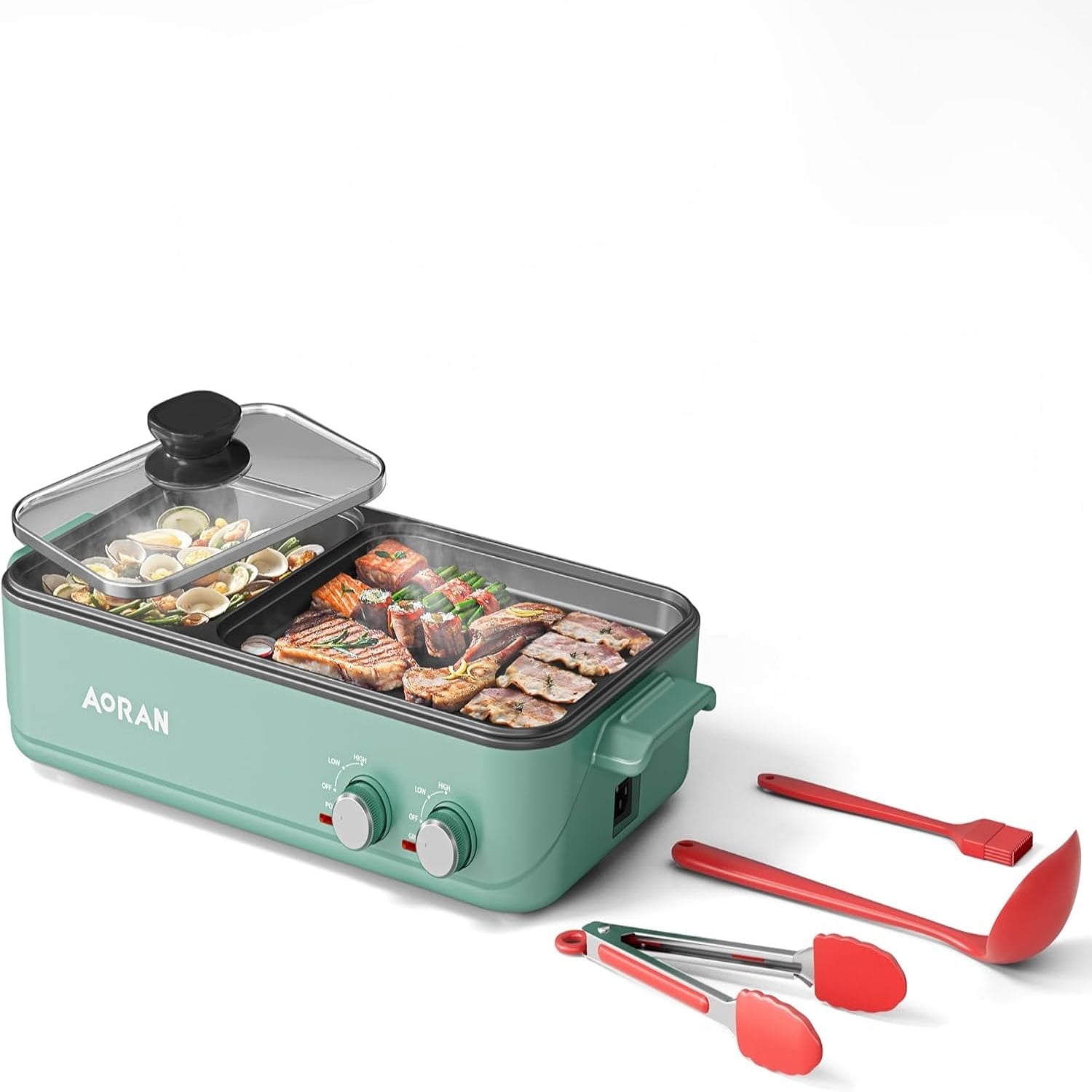 AORAN Electric Hot Pot with Grill, 2-in-1 Indoor Non-Stick Pot for Korean BBQ, Shabu Shabu ...