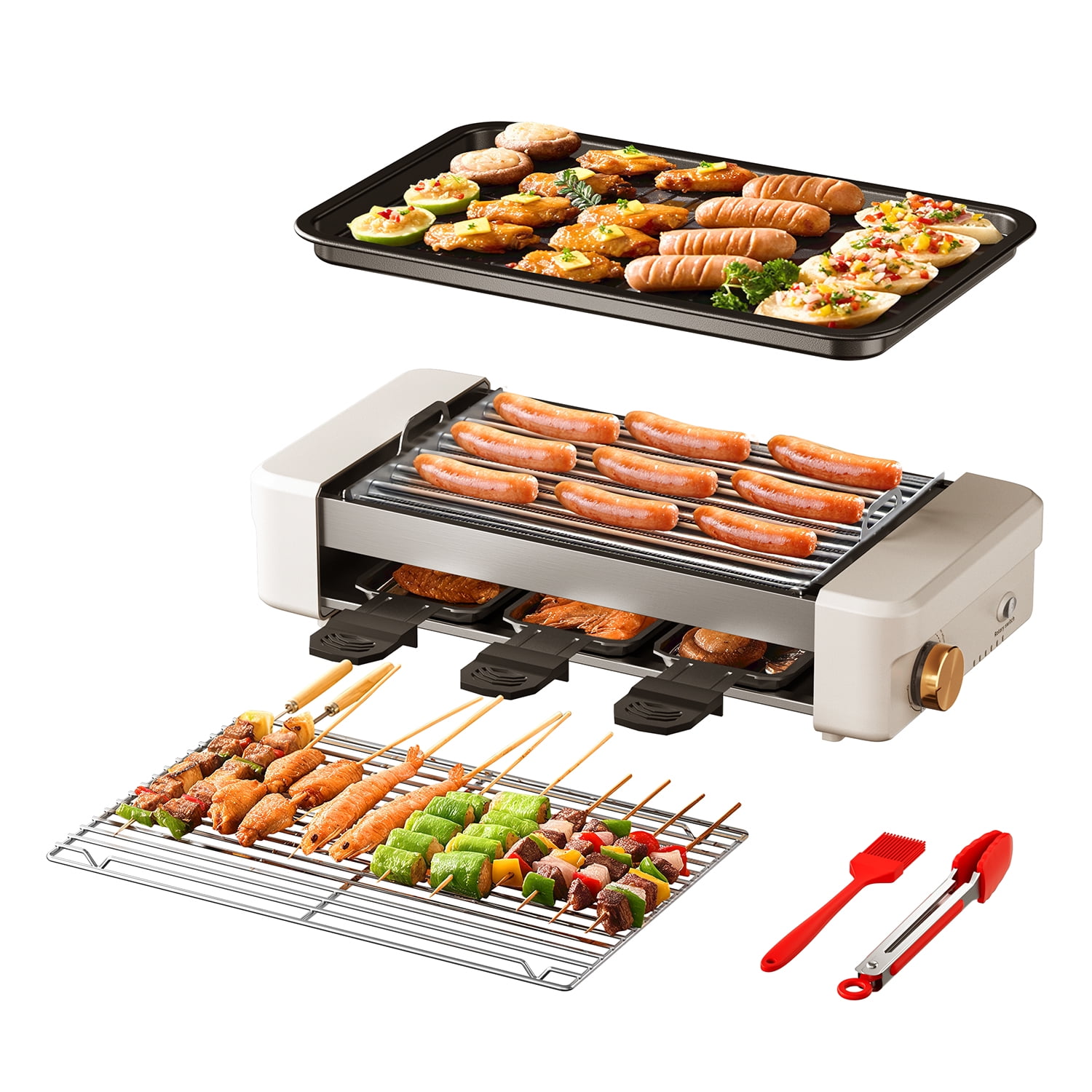 AORAN Indoor Sausage Grill, Home 6-Tube Hot Dog Machine With Non-Sick Grilling Pan and Net, 3-in ...