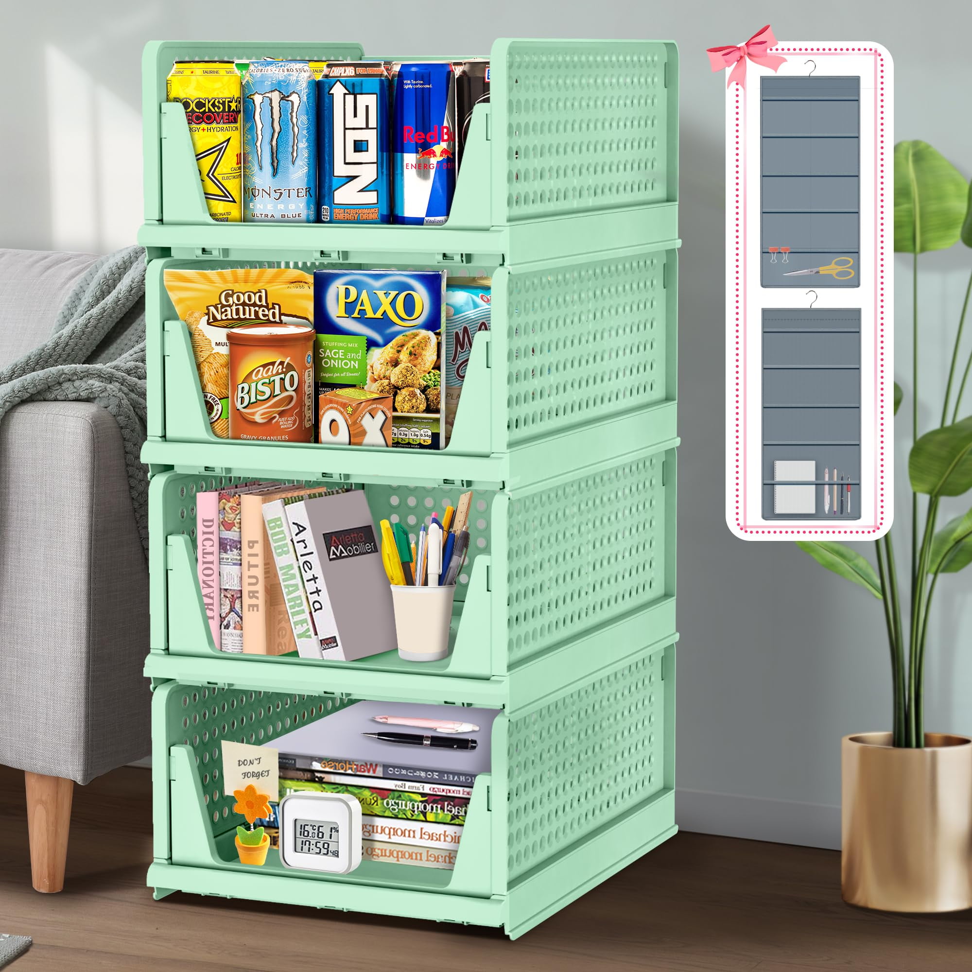 AOSION 4 Pack Stackable Plastic Storage Basket with Free Hanging Closet ...