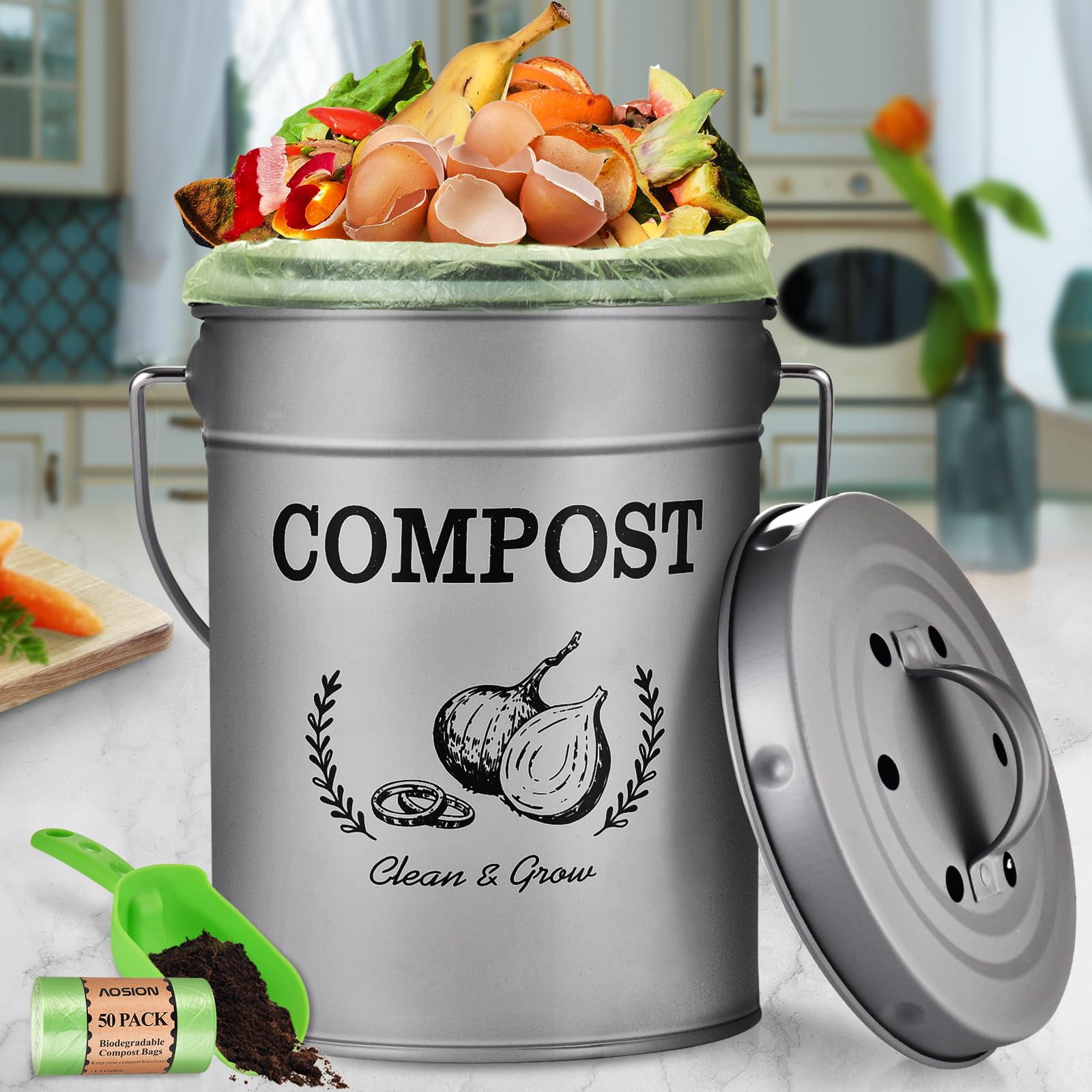 AOSION Compost Bin Kitchen Counter,Countertop Compost Bin with Lid ...