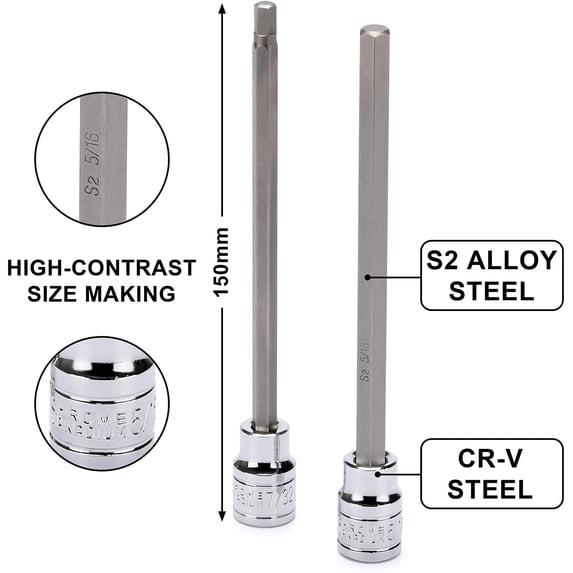 AOUHML-10PCS 3/8" Drive Long Hex Bit Socket Set, CR-V, S2 Steel, SAE ...