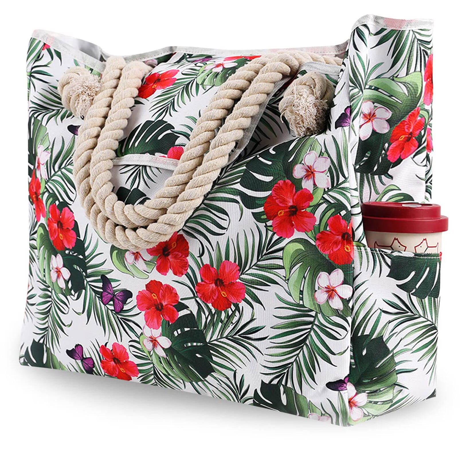 AOUNQ Large Waterproof Beach Tote Bag with Zipper, Flowers Design ...