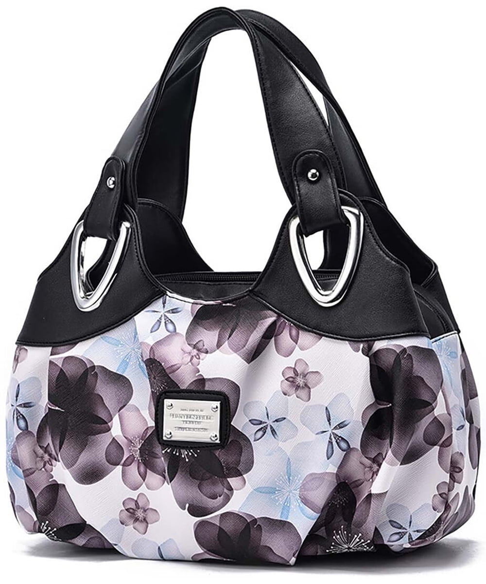 AOUNQ Handbags for Women Floral Print Shoulder Bag PU Leather Tote Bag ...