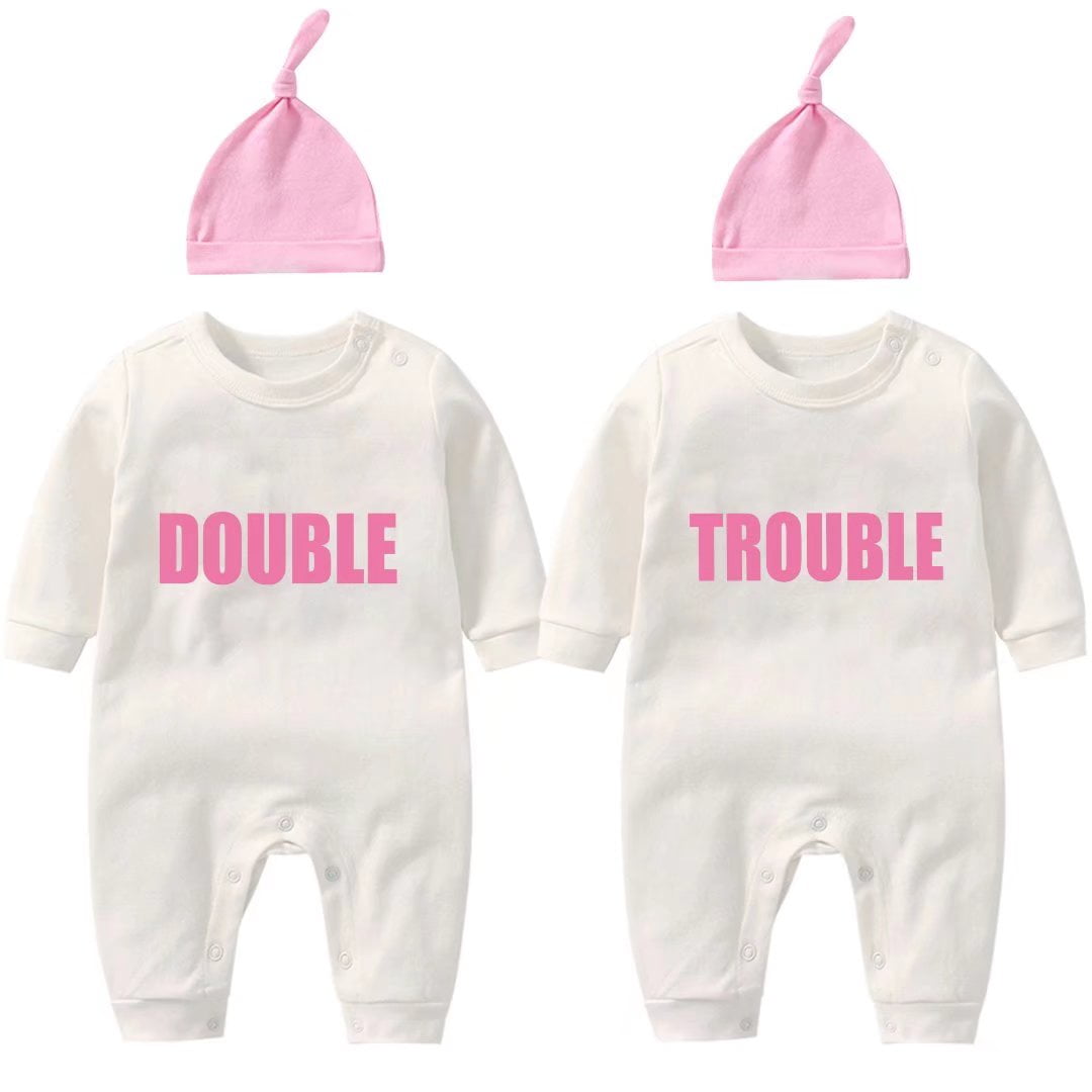 AOUYOA Baby Twins Bodysuits Newborn Baby Outfit Funny Double Trouble ...