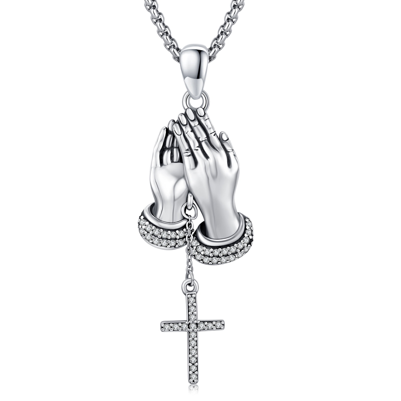 AOVEAO Sterling Silver Praying Hands Necklace, Christian Jewelry Gift, Cross Pendant, 22"-24 ...