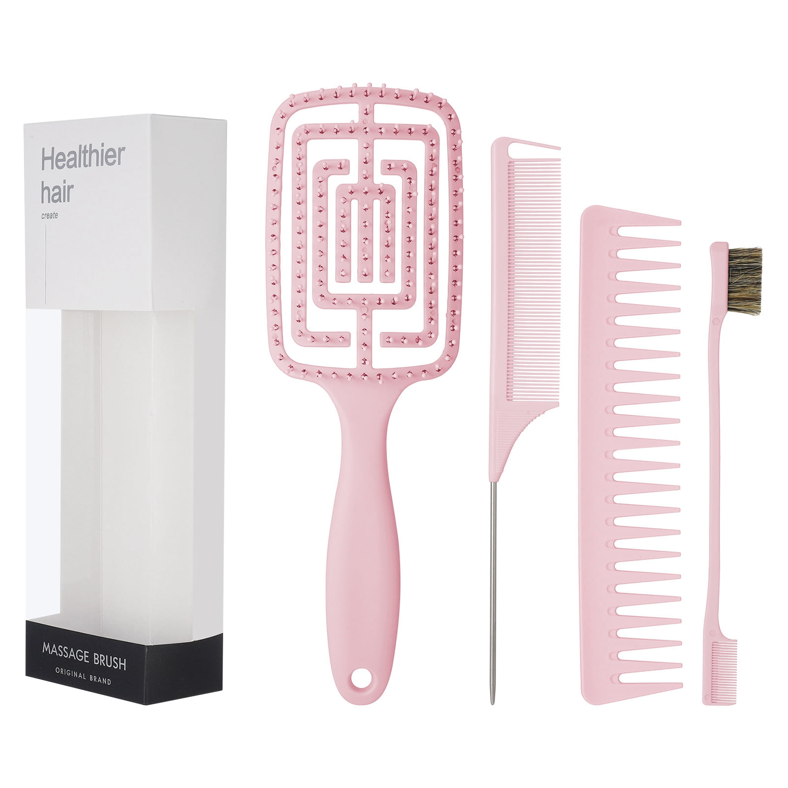 AOWOO Hair Styling Combs Set, Pink, Includes Bristle Brush, Rat Tail ...