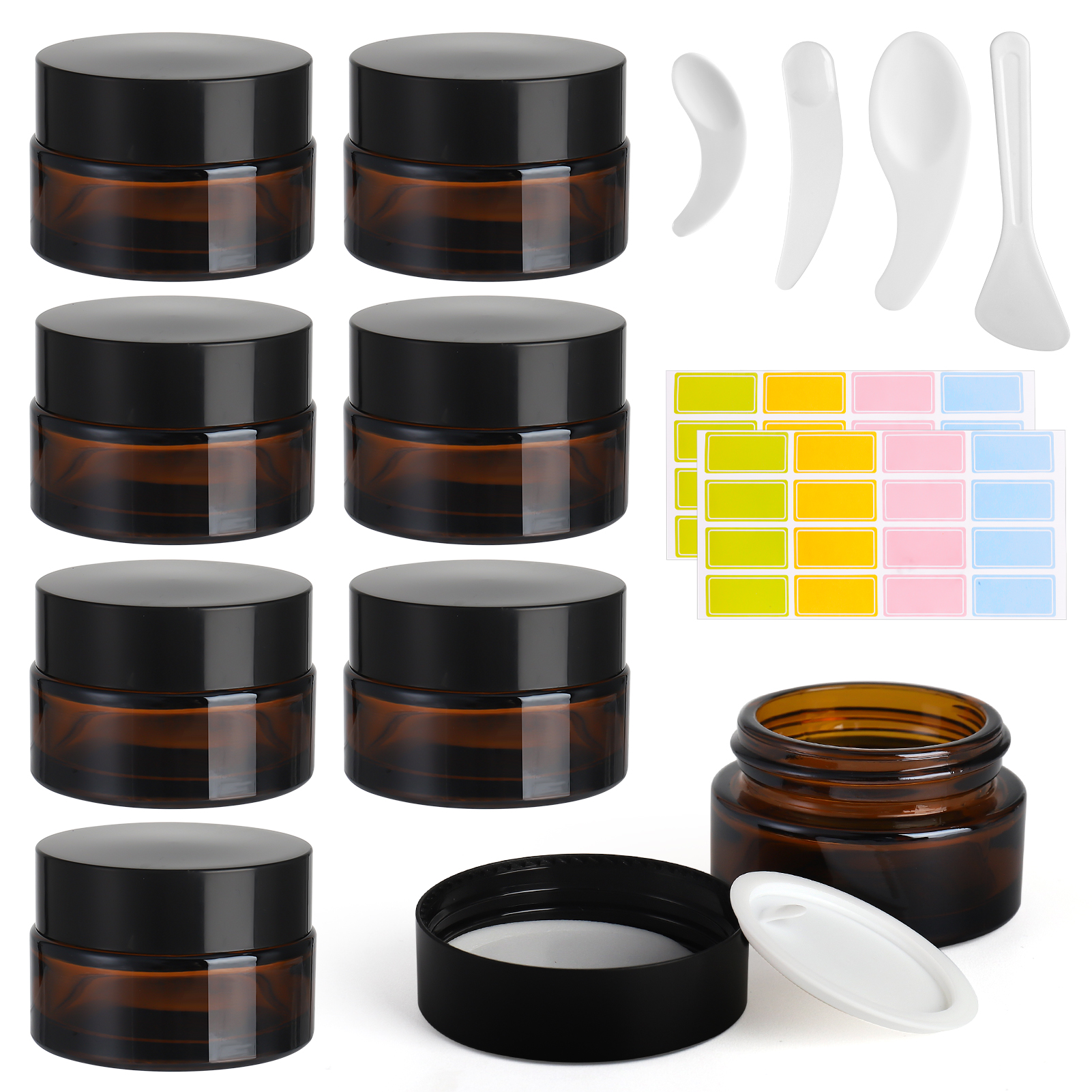 Vivaplex, 12, Amber, 4 oz Round Glass Jars, with Inner Liners and Black ...
