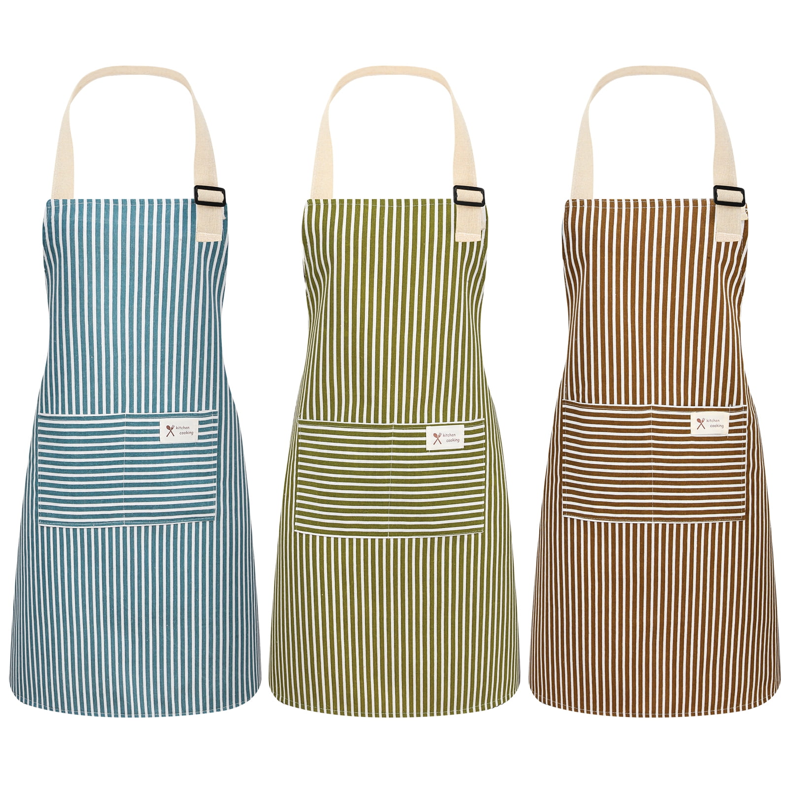 AOWOO 3 Pack Adjustable Cotton-Linen Aprons, Durable with Pockets, for ...