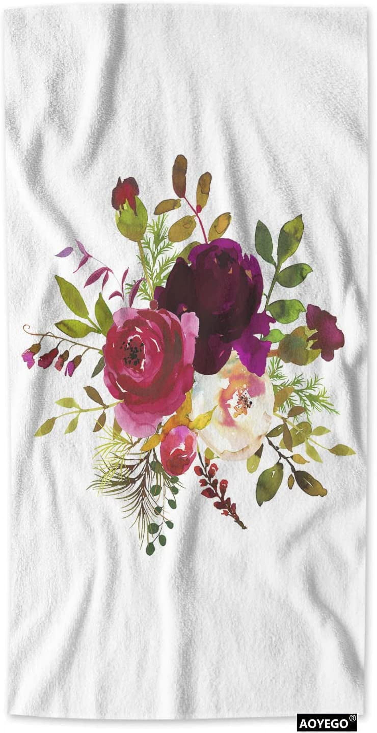 AOYEGO Floral Hand Towels Watercolor Boho Burgundy Red White Rose ...