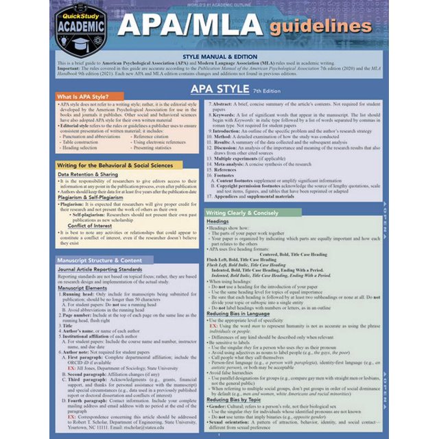 APA/MLA Guidelines - 7th/9th Editions Style Reference for Writing : a QuickStudy Laminated Guide ...