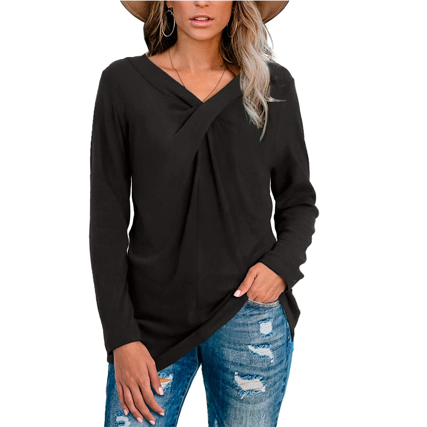 APEIYU ladies Long Sleeve V-Neck T-Shirt Casual Sweaters Tunic Tops ...
