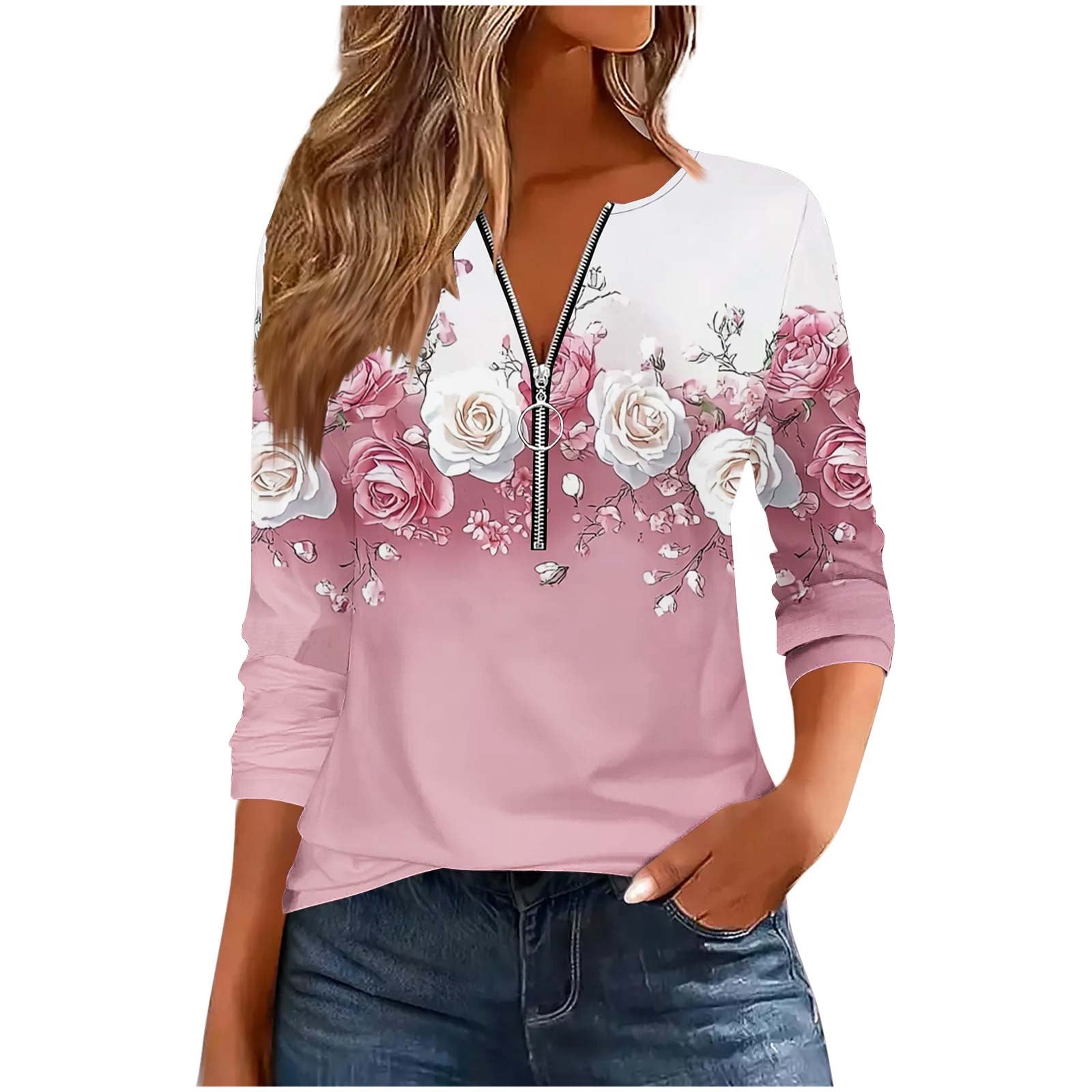 APEXFWDT 1/4 Zip Long Sleeve Blouse for Women Print Casual V-Neck Tops ...