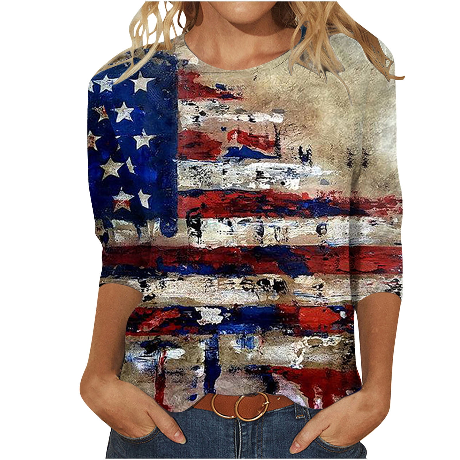 Apexfwdt American Flag Shirt Tops Womens Casual 3 4 Sleeve 4th Of July