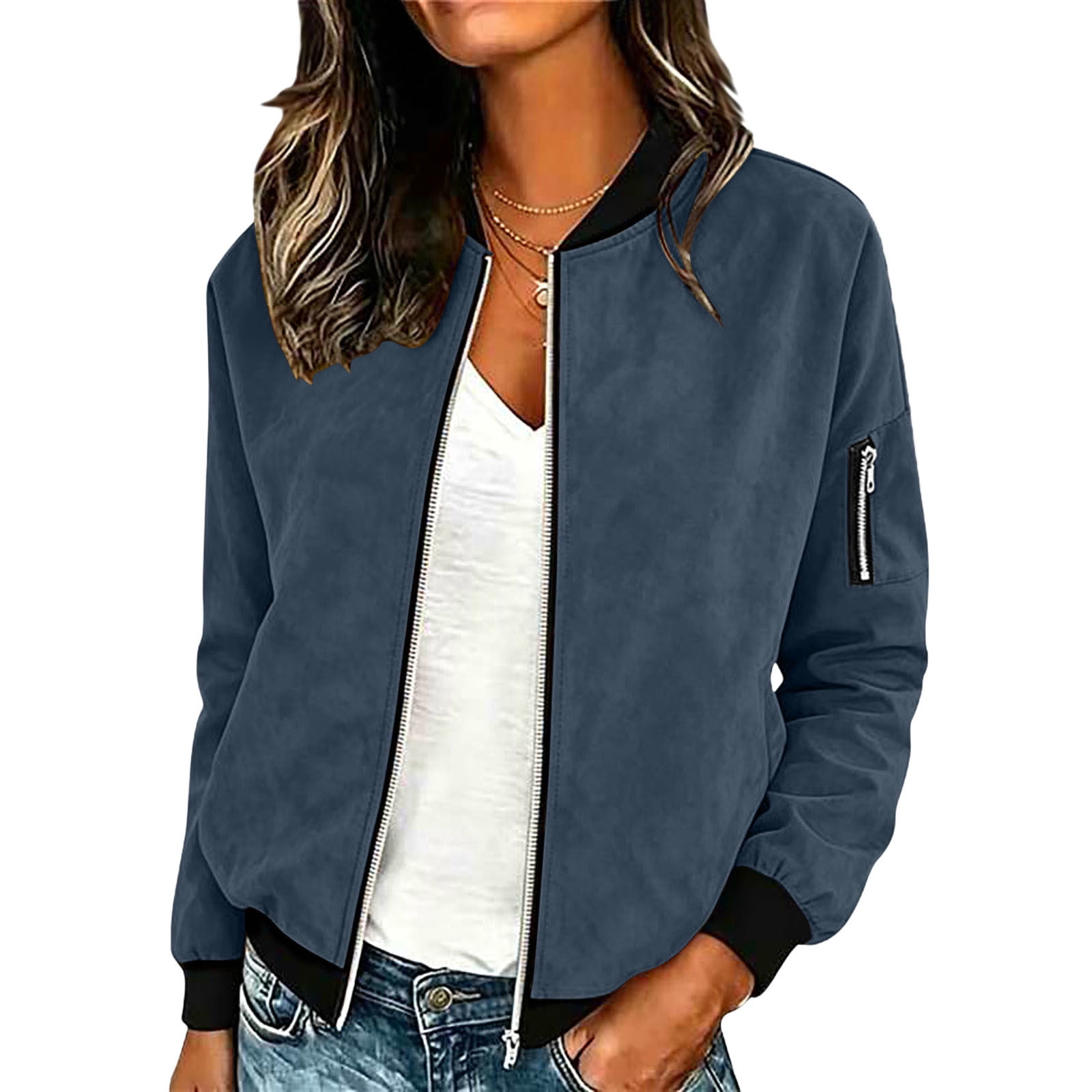 APEXFWDT Bomber Jacket Women Suede Casual Lightweight Long Sleeve ...