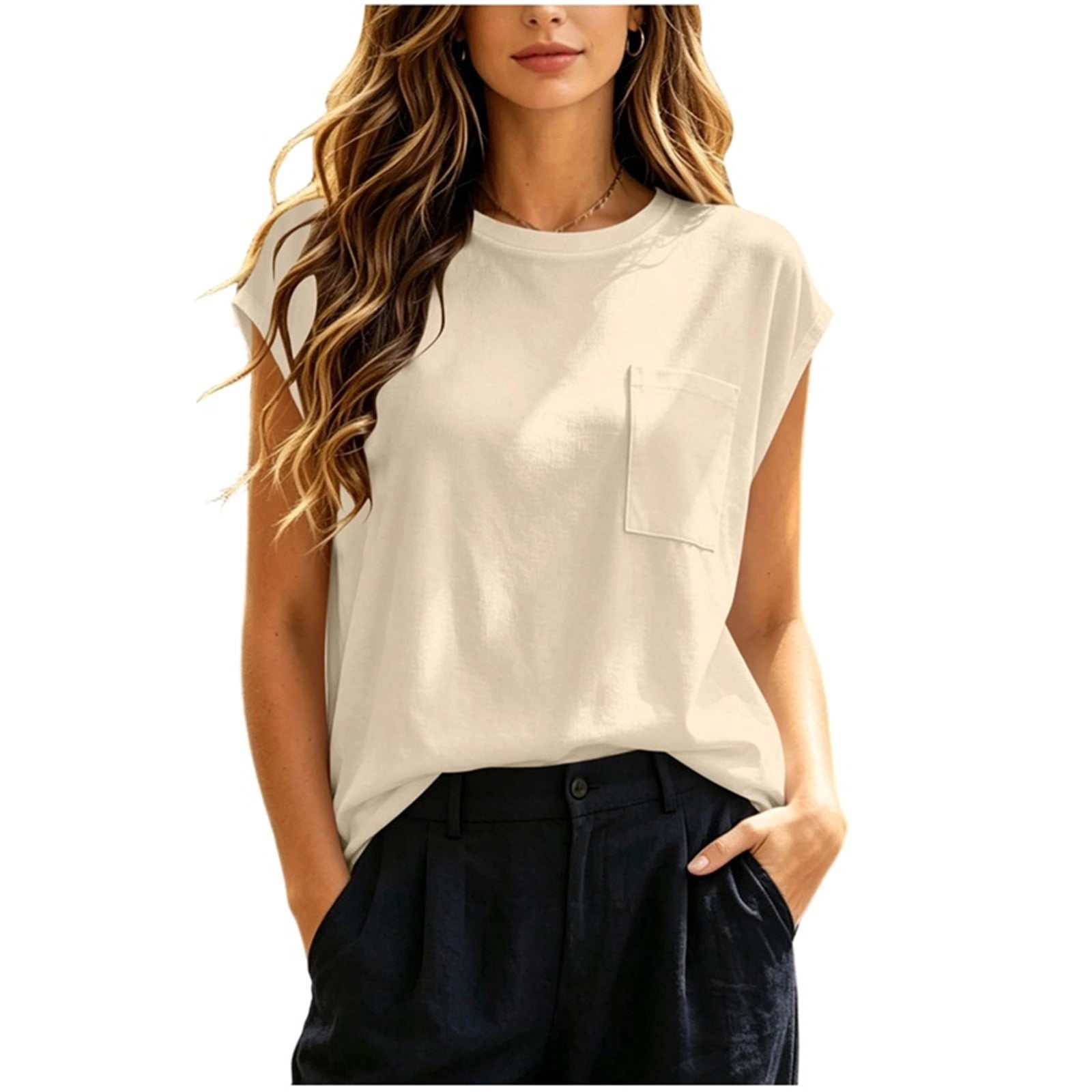 APEXFWDT Cap Sleeve Summer Tops Women Crew Neck Casual Sleeveless T ...