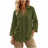 APEXFWDT Cotton Linen Shirts for Women Loose Fit V Neck Long Sleeve ...