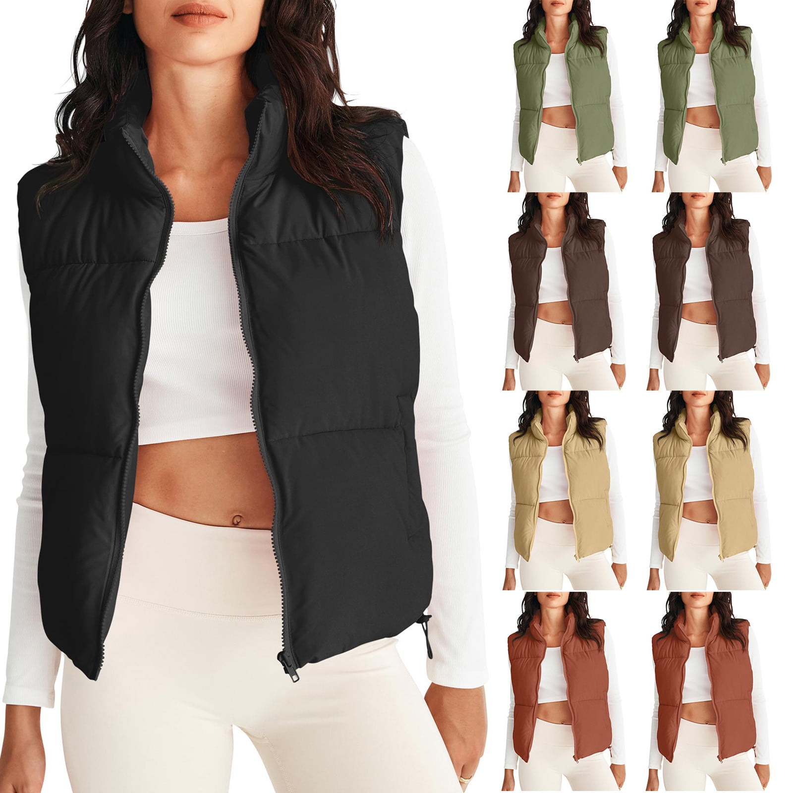 APEXFWDT Cropped Puffer Vest Women Zip Up Stand Collar Sleeveless ...