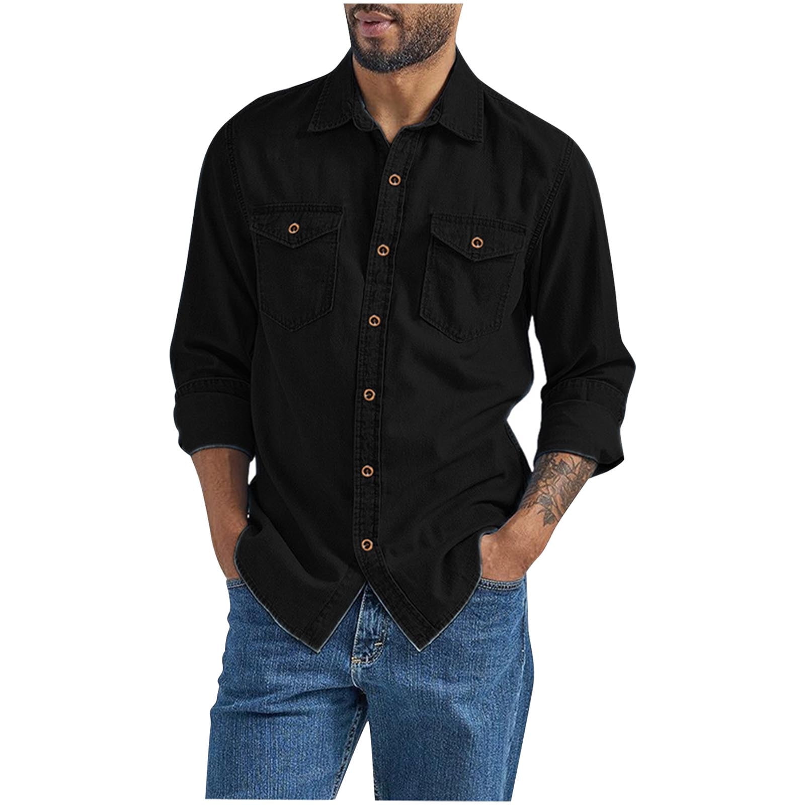 APEXFWDT Denim-Look Western Shirt for Men - Distressed Wash Button Down ...