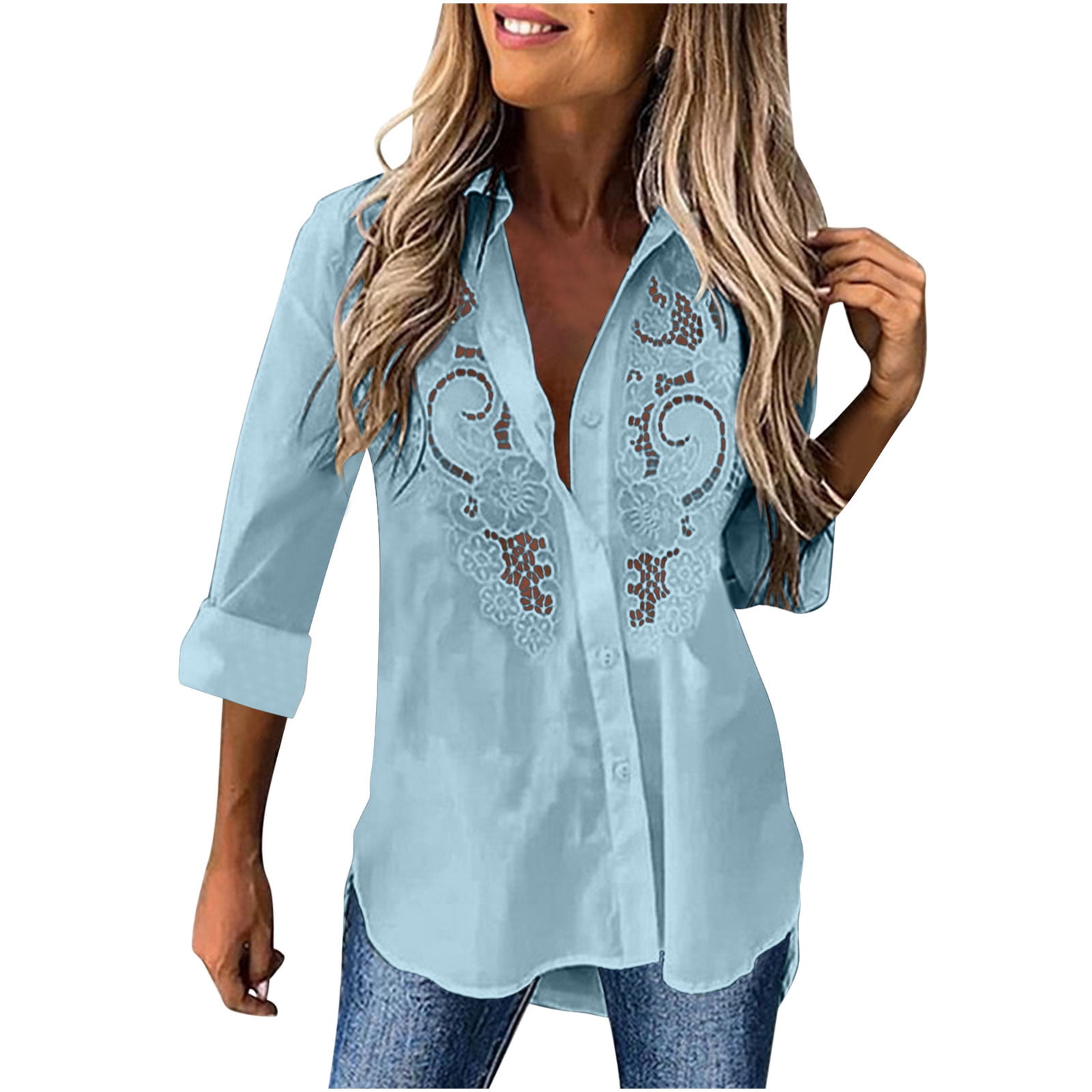 APEXFWDT Embroidered Lace Dressy Blouse for Women - Long Sleeve Work ...