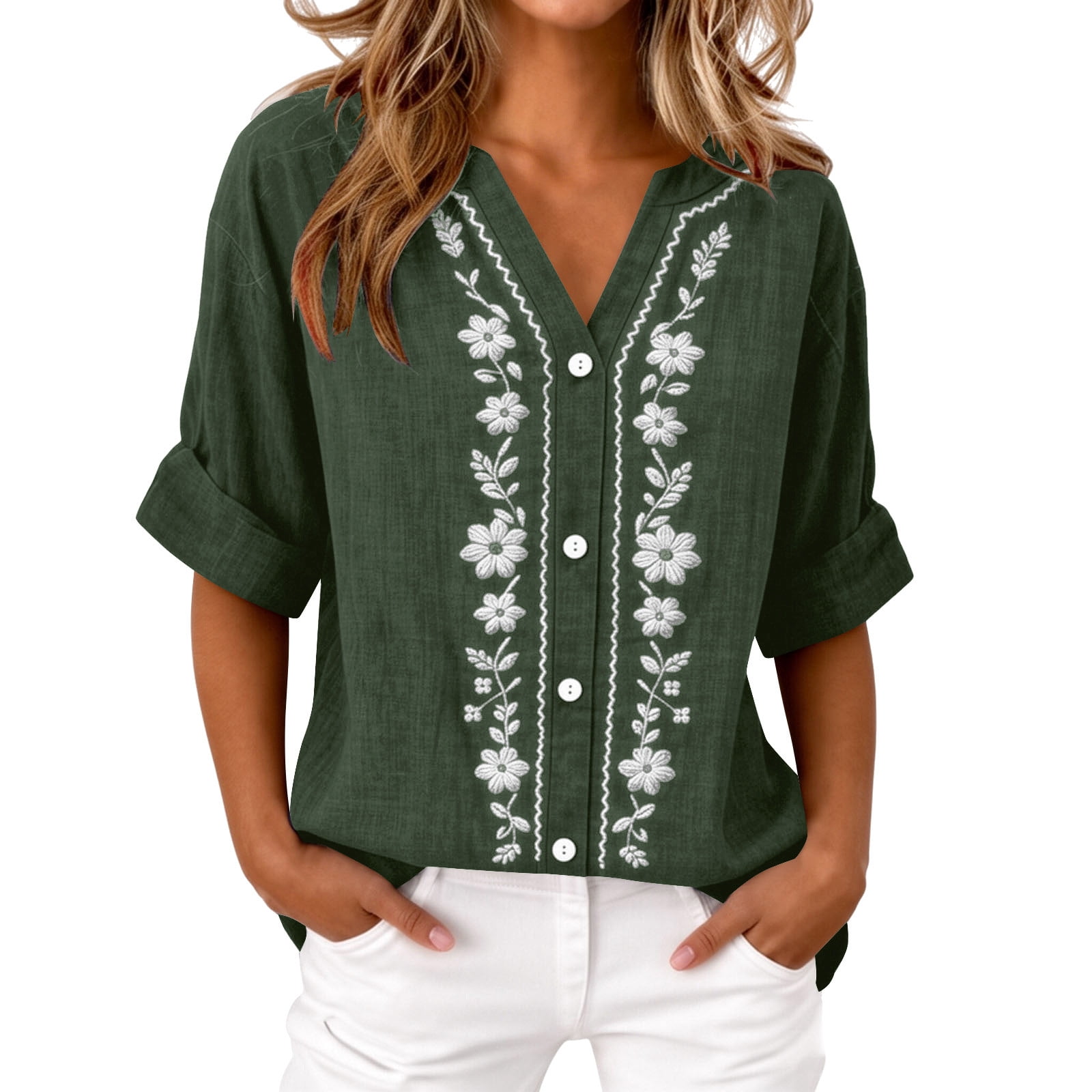 APEXFWDT Embroidered Tops for Women Short Sleeve Boho Cotton Linen ...