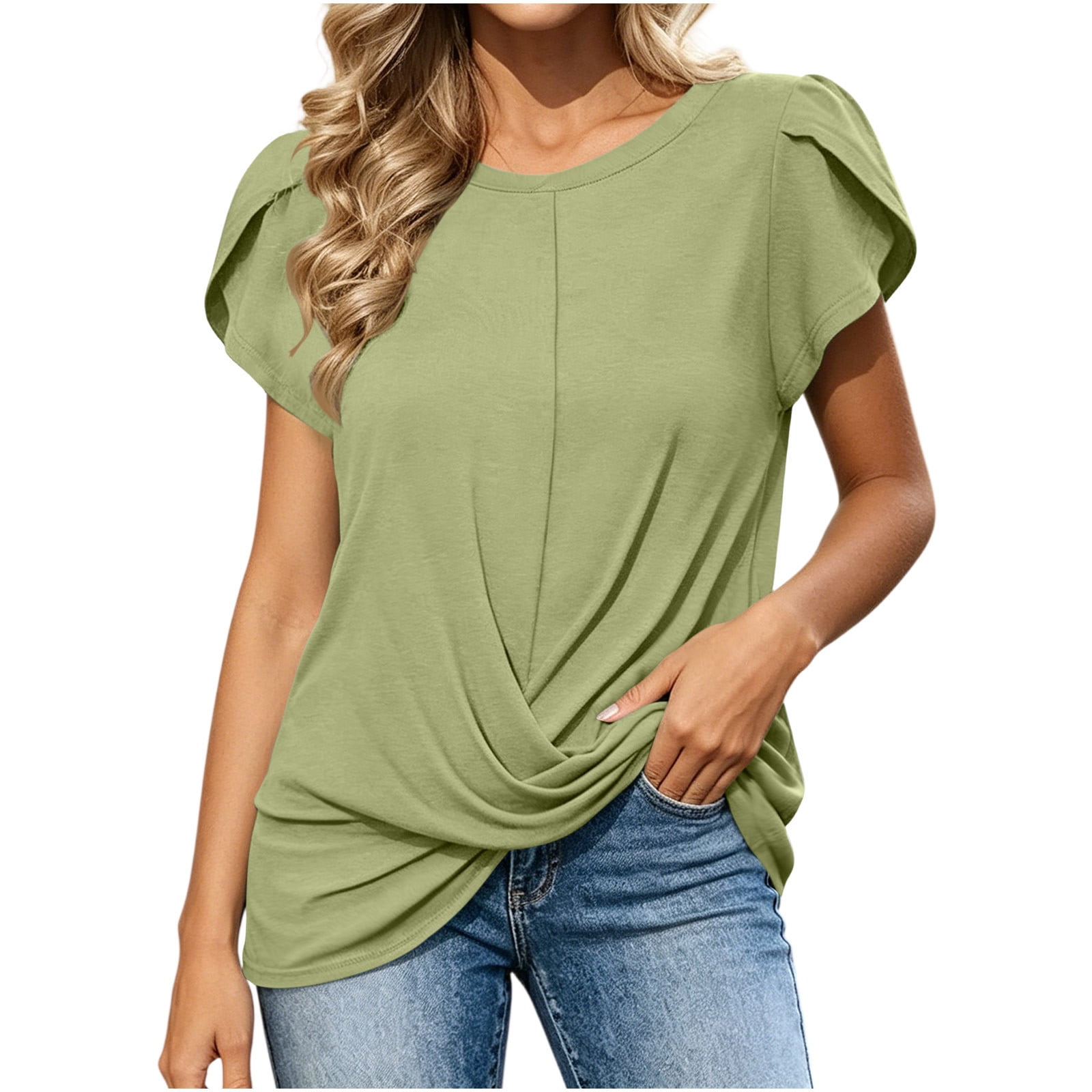 APEXFWDT Front Twist Tunic Tops Women Short Sleeve Round Neck T Shirt ...