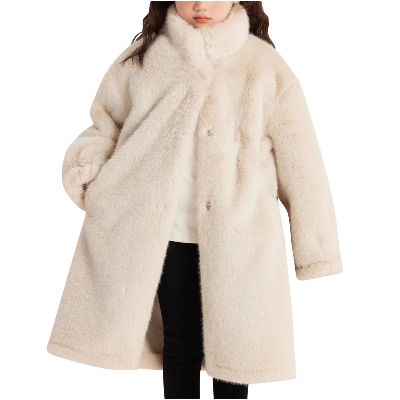 APEXFWDT Girls Faux Furry Winter Jacket Kids Plush Fuzzy Long Winter ...