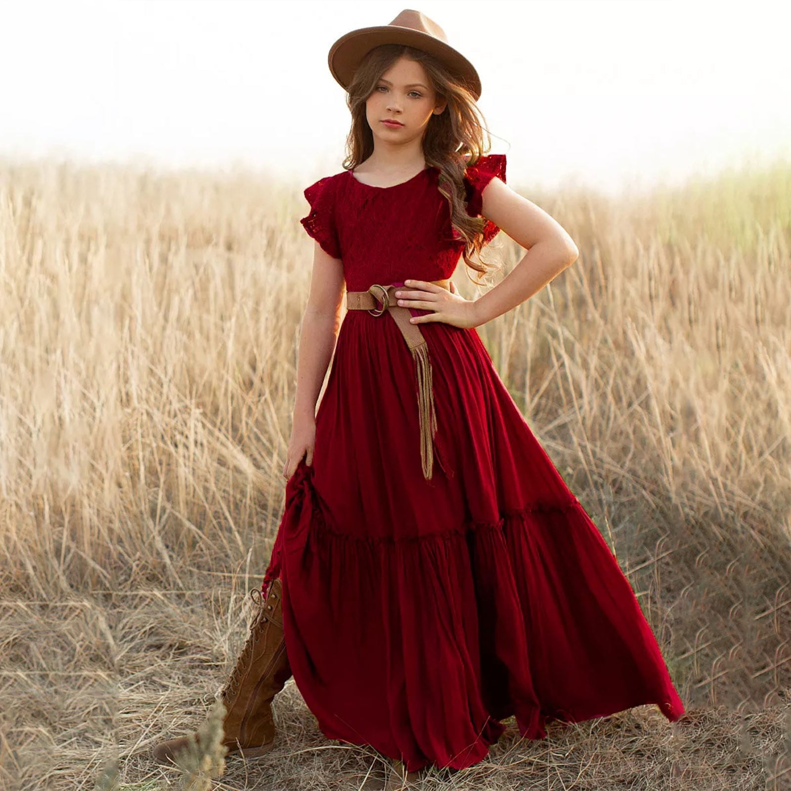APEXFWDT Girls Lace Boho Flower Dress Ruffle Sleeve A-Line Formal ...