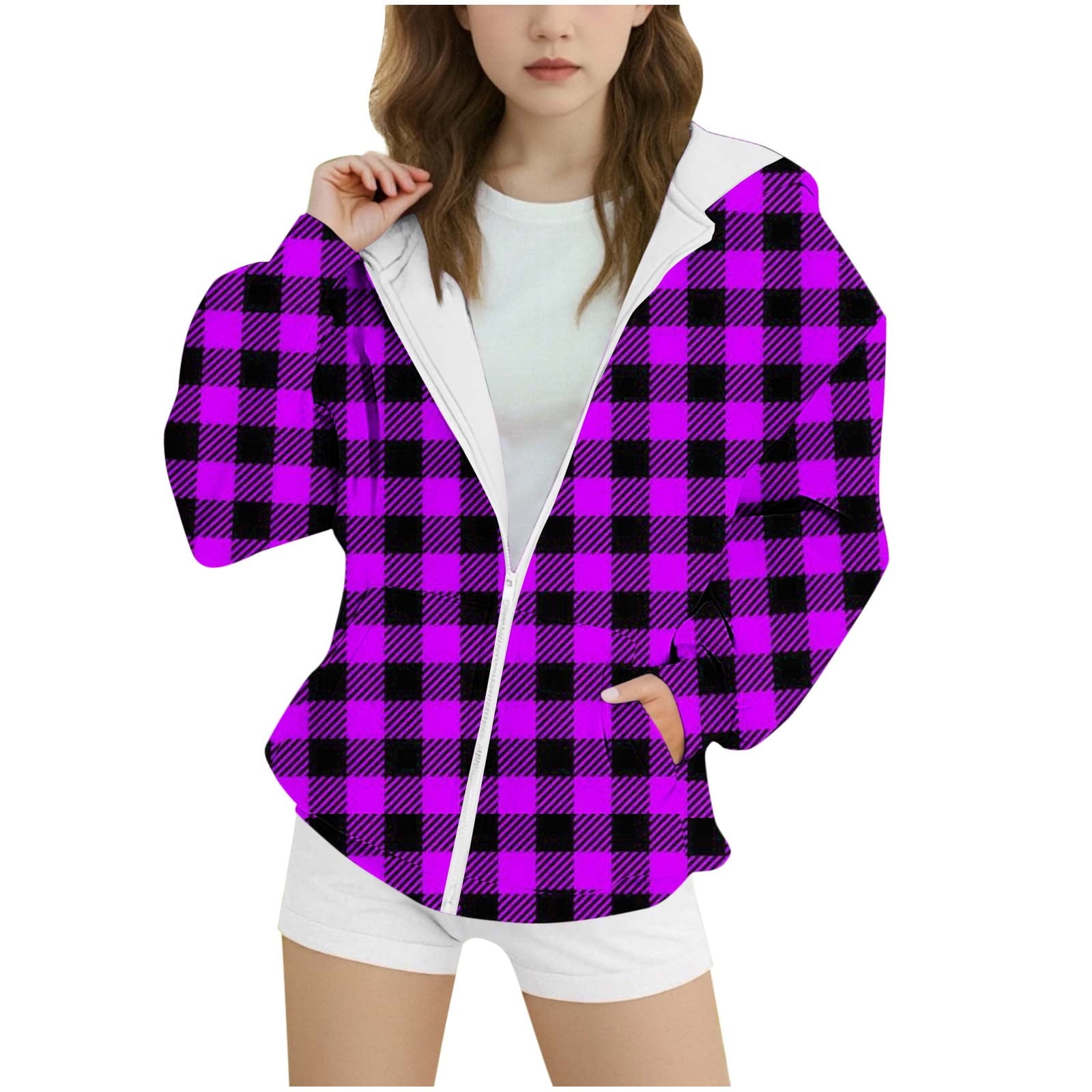 BFHHYA Girls' Plaid Print Sweatshirt Jacket Kid Tween Oversized Hoodie ...