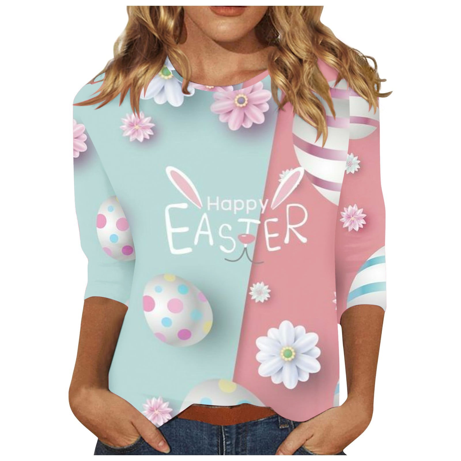 APEXFWDT Happy Easter Shirt Women Plus Size 3/4 Sleeve Crewneck Tee ...