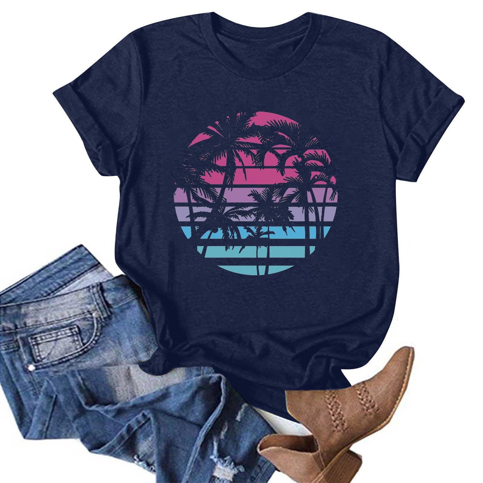 APEXFWDT Hawaiian Shirts for Women Palm Trees Graphic Tees Summer Beach ...
