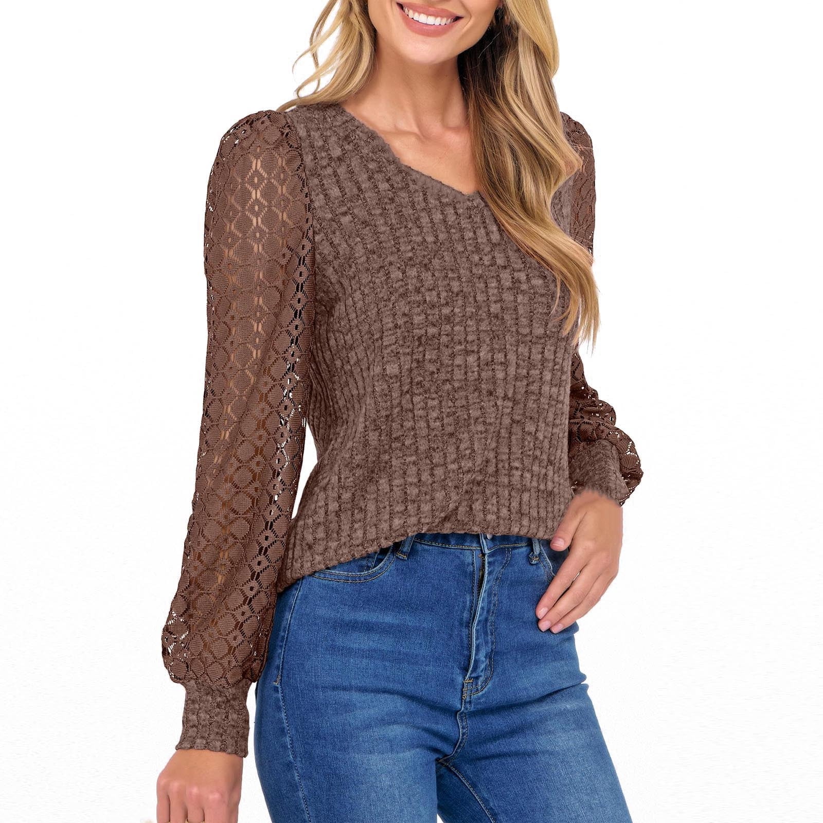 APEXFWDT Lace Long Sleeve Shirts Women V Neck Dressy Casual Tunic ...
