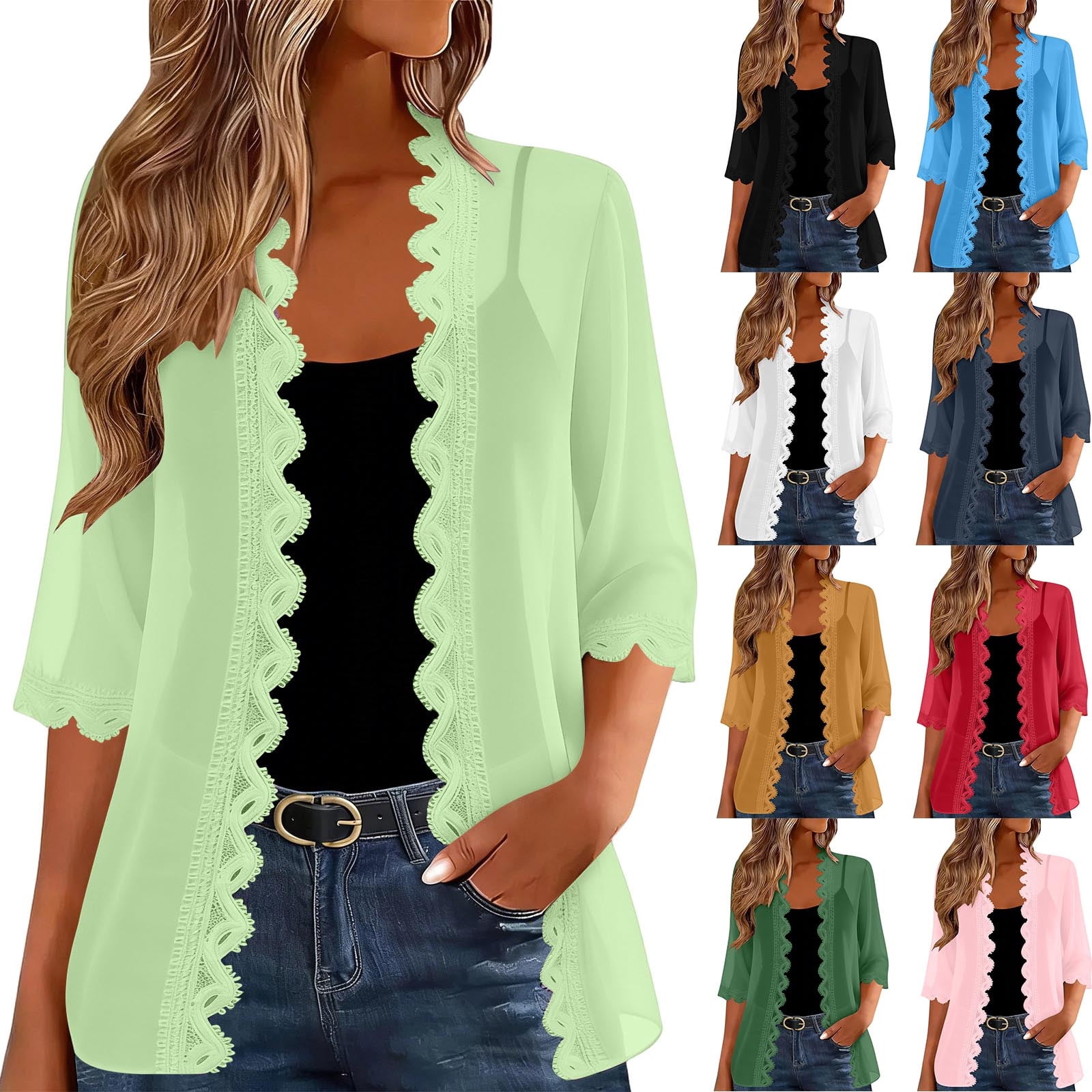 APEXFWDT Lightweight Chiffon Cardigans Women 3/4 Sleeve Casual Summer ...