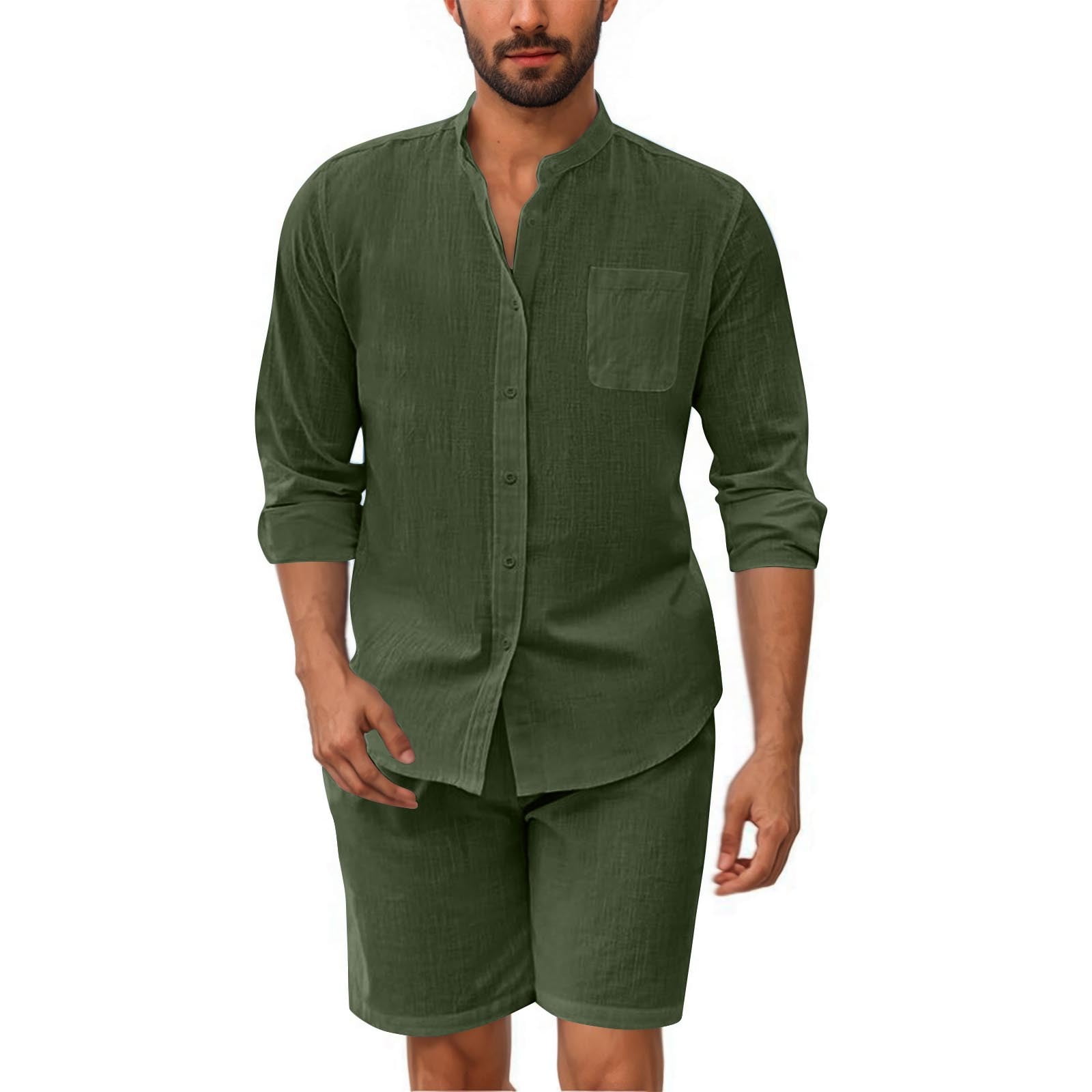 APEXFWDT Men Linen 2 Piece Set Button Down Long Sleeve Shirt Relaxed Shorts Resort Wear Lounge ...