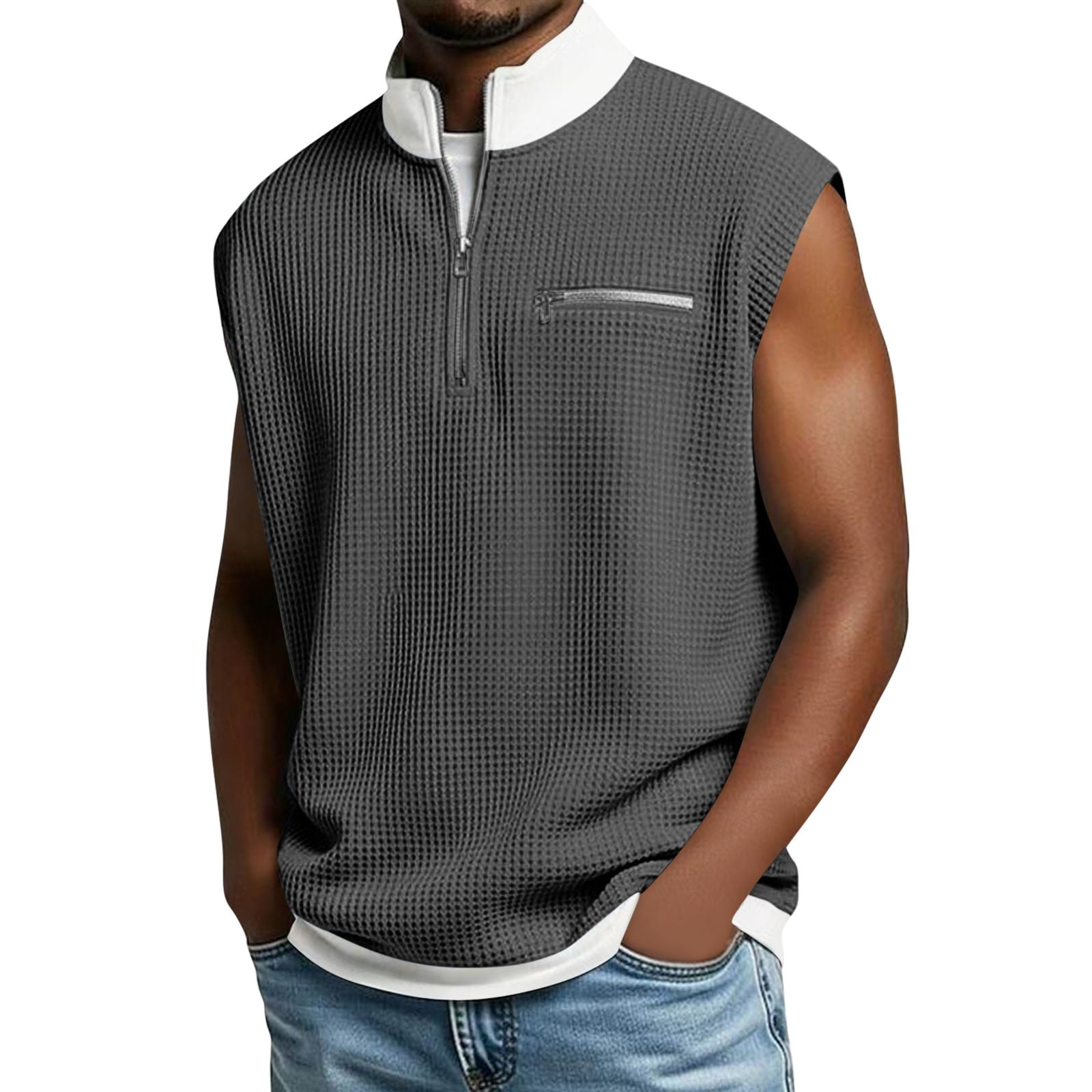 APEXFWDT Men's 1/4 Zip Stand Collar Tank Tops Waffle Knit Color Block Tanks Casual Loose ...