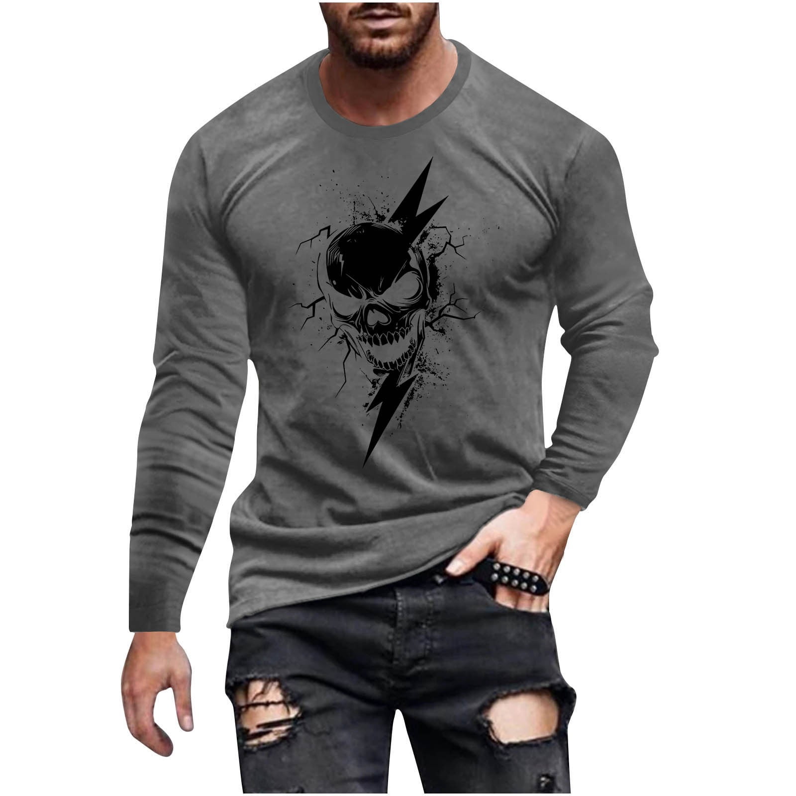 APEXFWDT Men's Big & Tall Halloween Skull Print T-shirt Long Sleeve ...