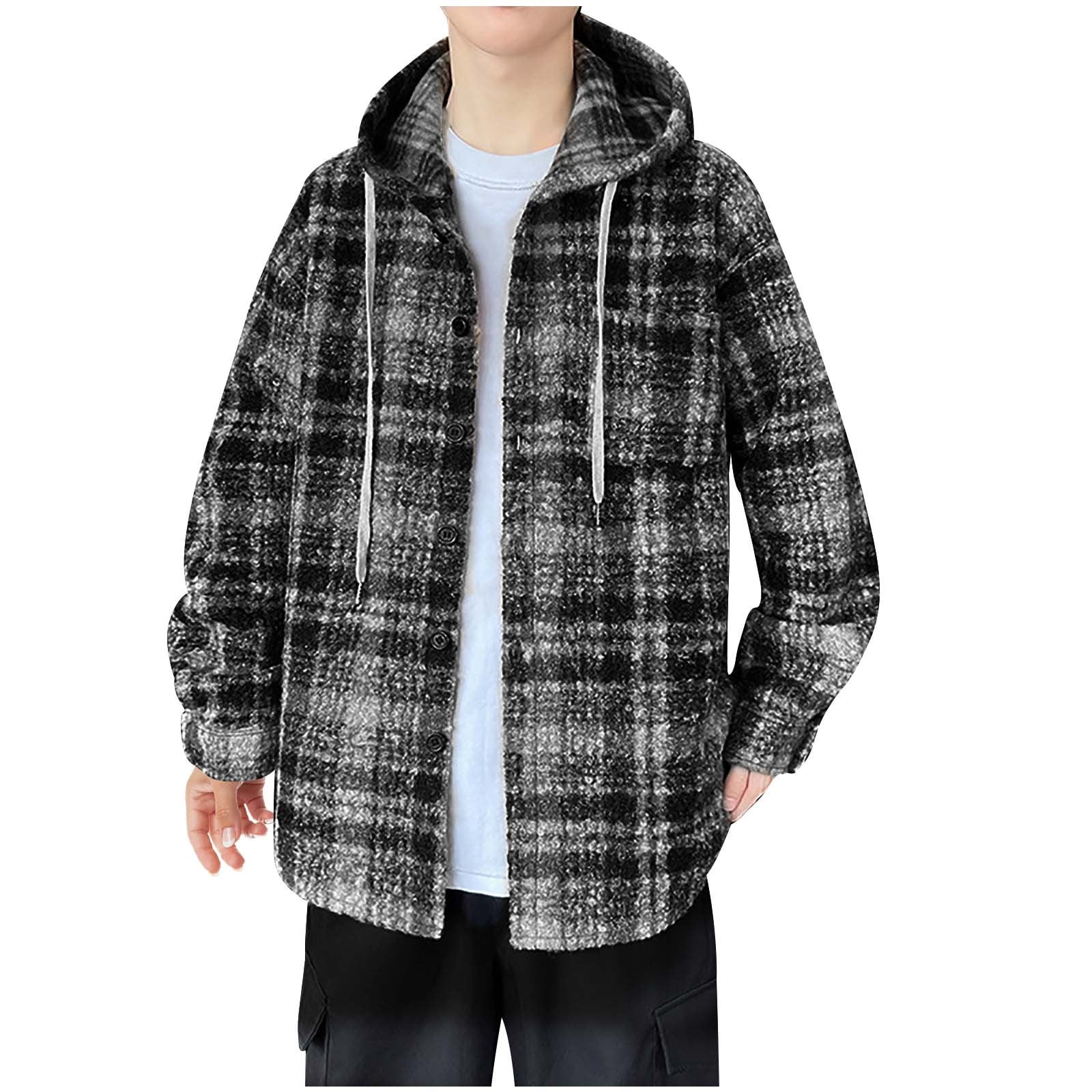 APEXFWDT Men's Big&Tall Plaid Hooded Jacket Button-Down Casual Warm ...