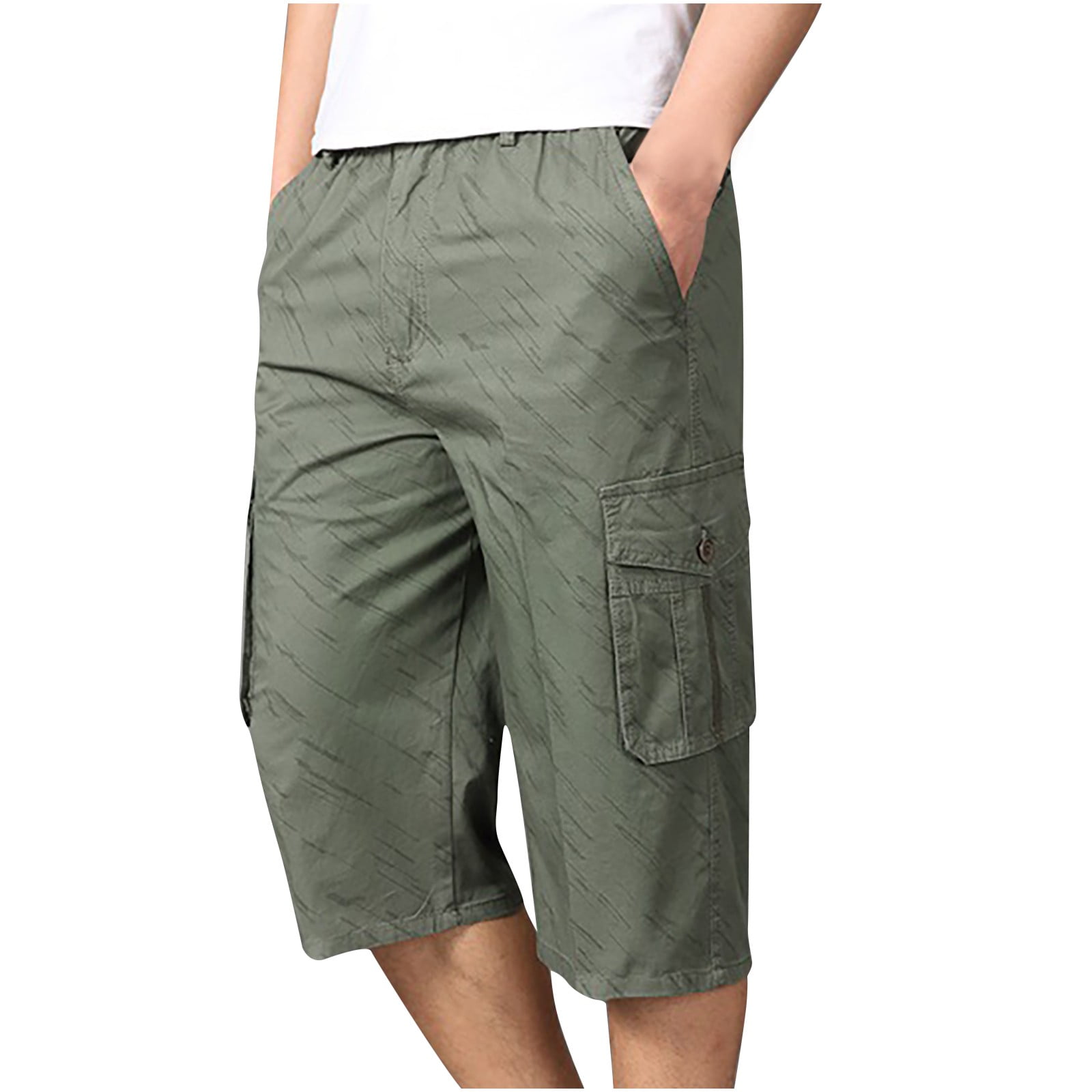 APEXFWDT Men's Capri Cargo Shorts Casual Twill Elastic Waist Below Knee 3/4 Cargo Pants Summer ...