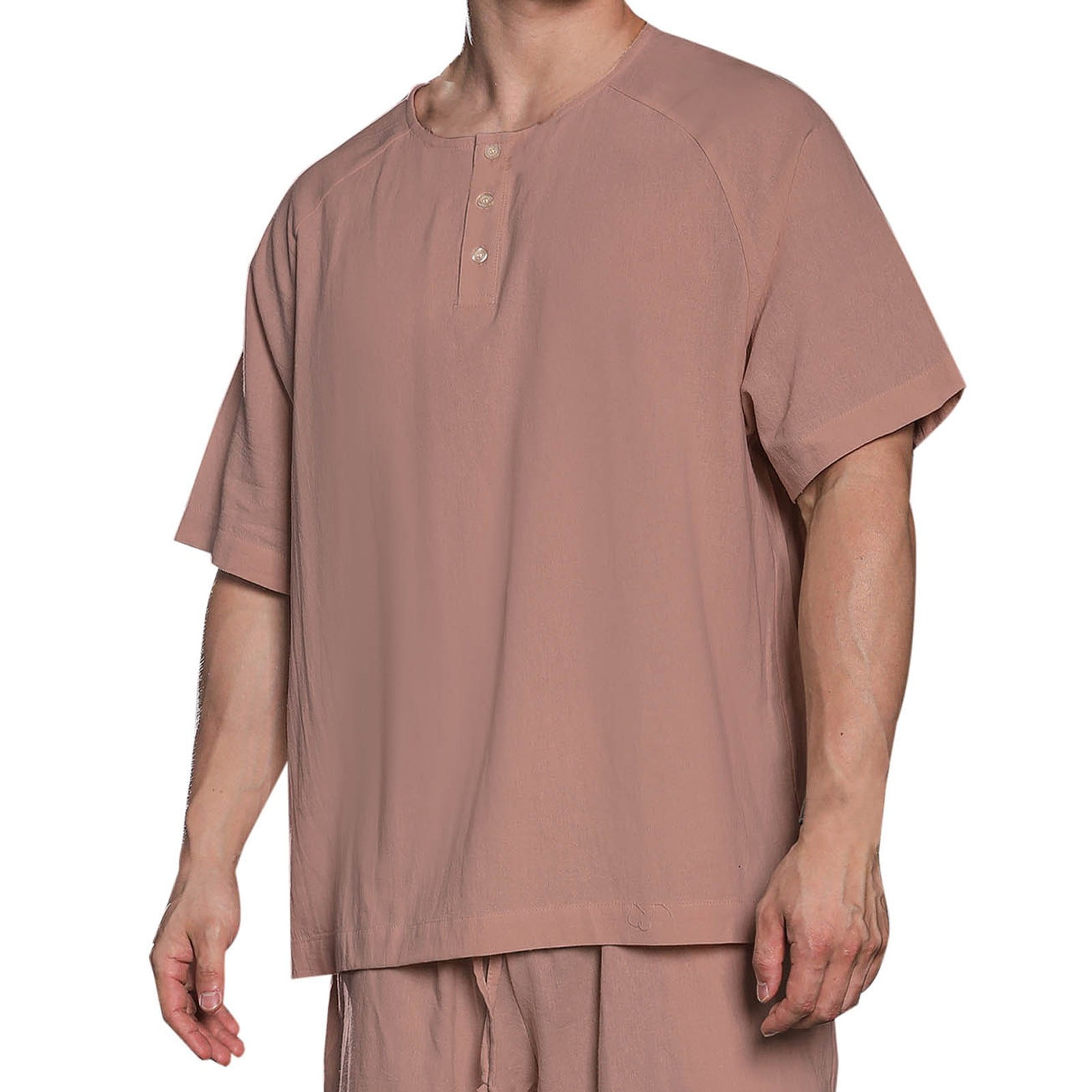 APEXFWDT Men's Casual Henley Linen Shirt Short Sleeve Hippie Beach T Shirts Band Collar Summer ...