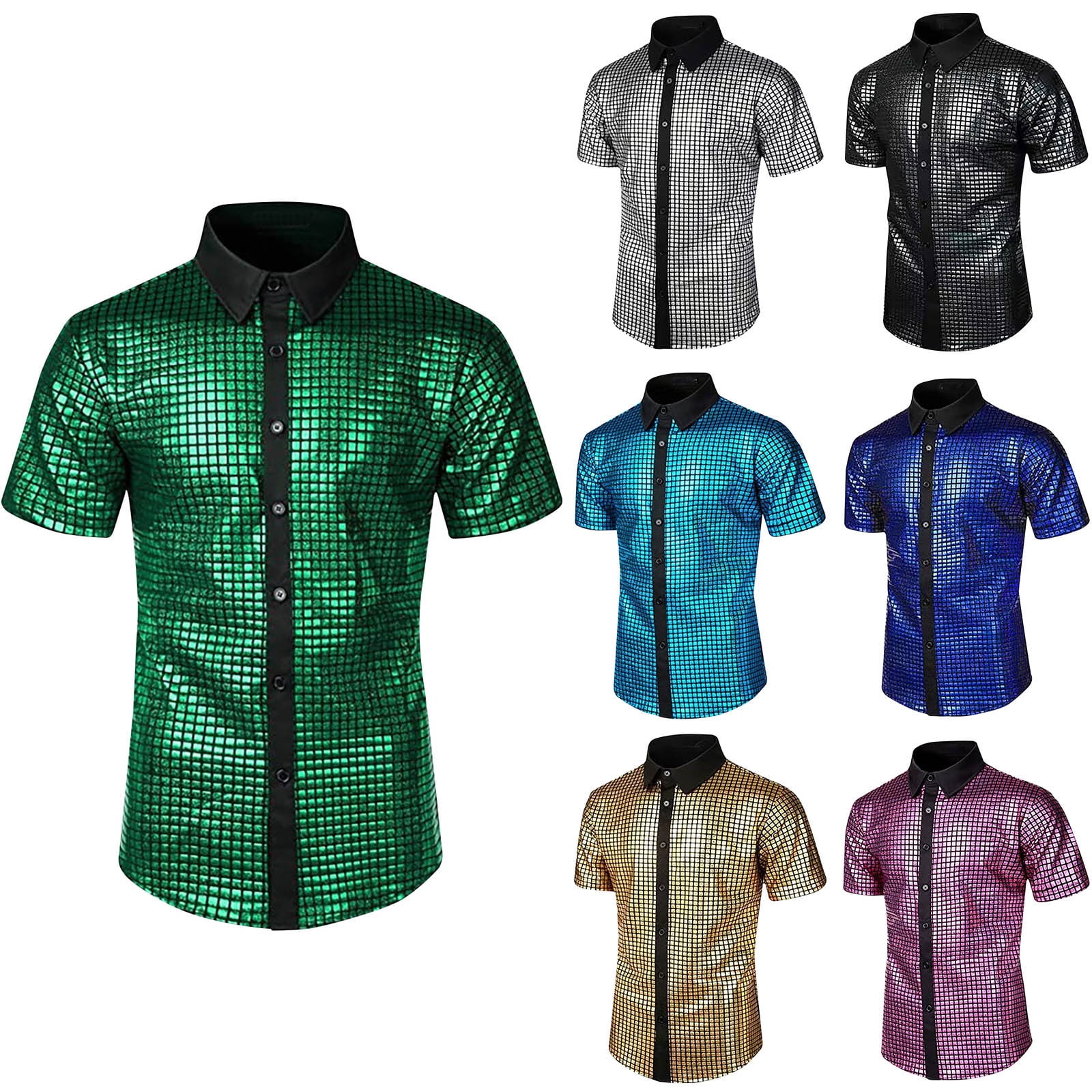 APEXFWDT Men's Contrast Sequin Stand Collar Shirt Short Sleeve Luxury Sparkle Button Down Party ...