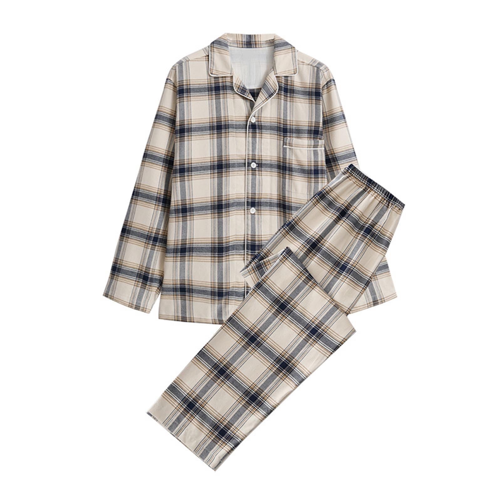 APEXFWDT Men’s Cotton Pajamas Set Plaid Flannel Long Sleeves Button ...