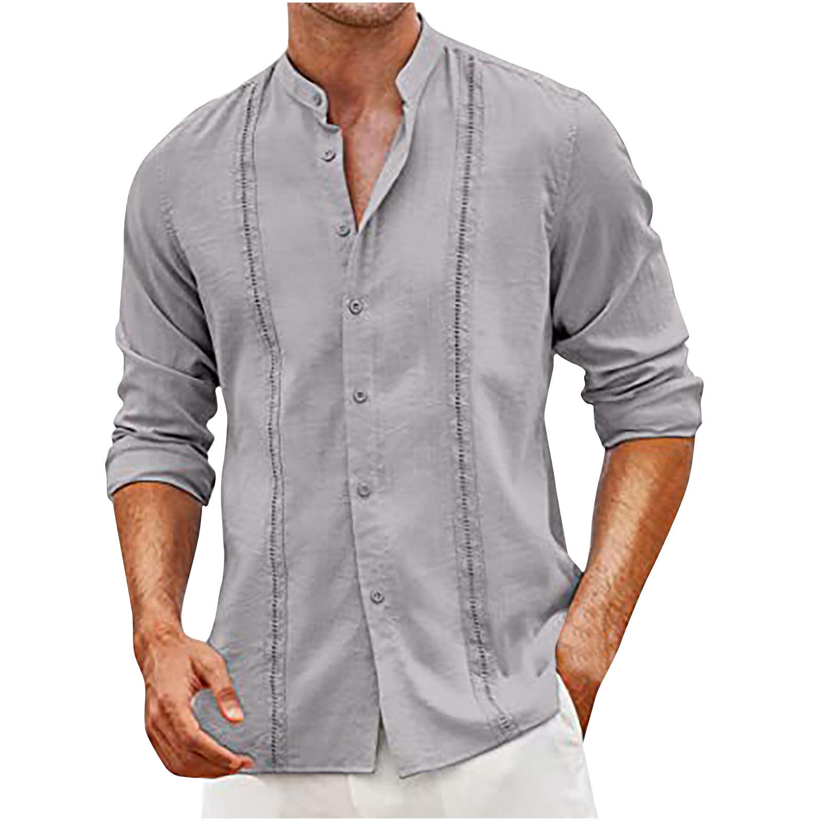 APEXFWDT Men's Cuban Guayabera Shirts Casual Long Sleeve Button Down Shirts Band Collar Summer ...