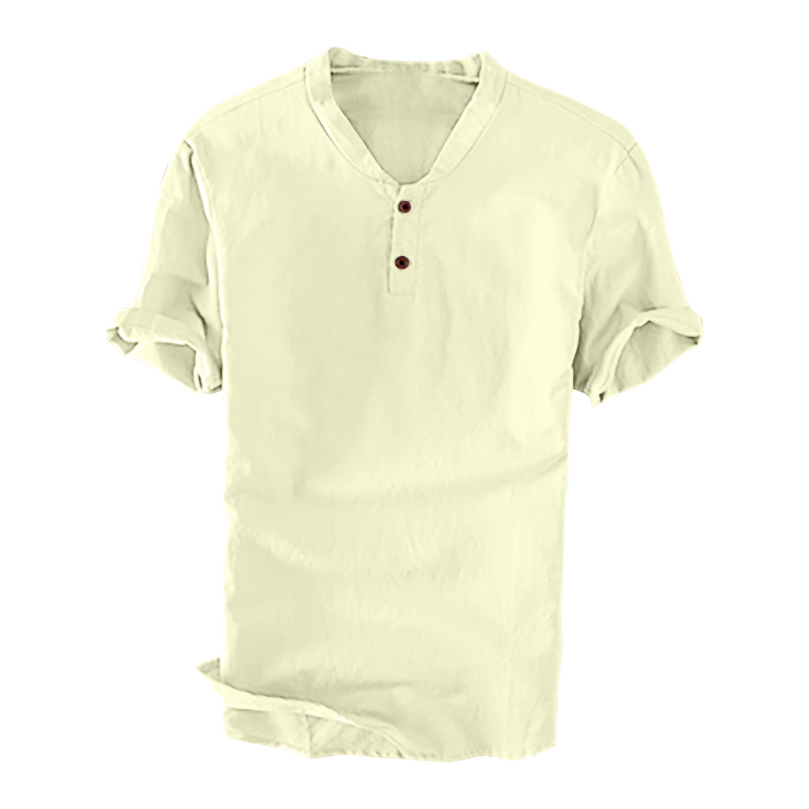 APEXFWDT Men's Cuffed Linen Shirt Big and Tall Button Down Banded Collar Casual Shirts Short ...